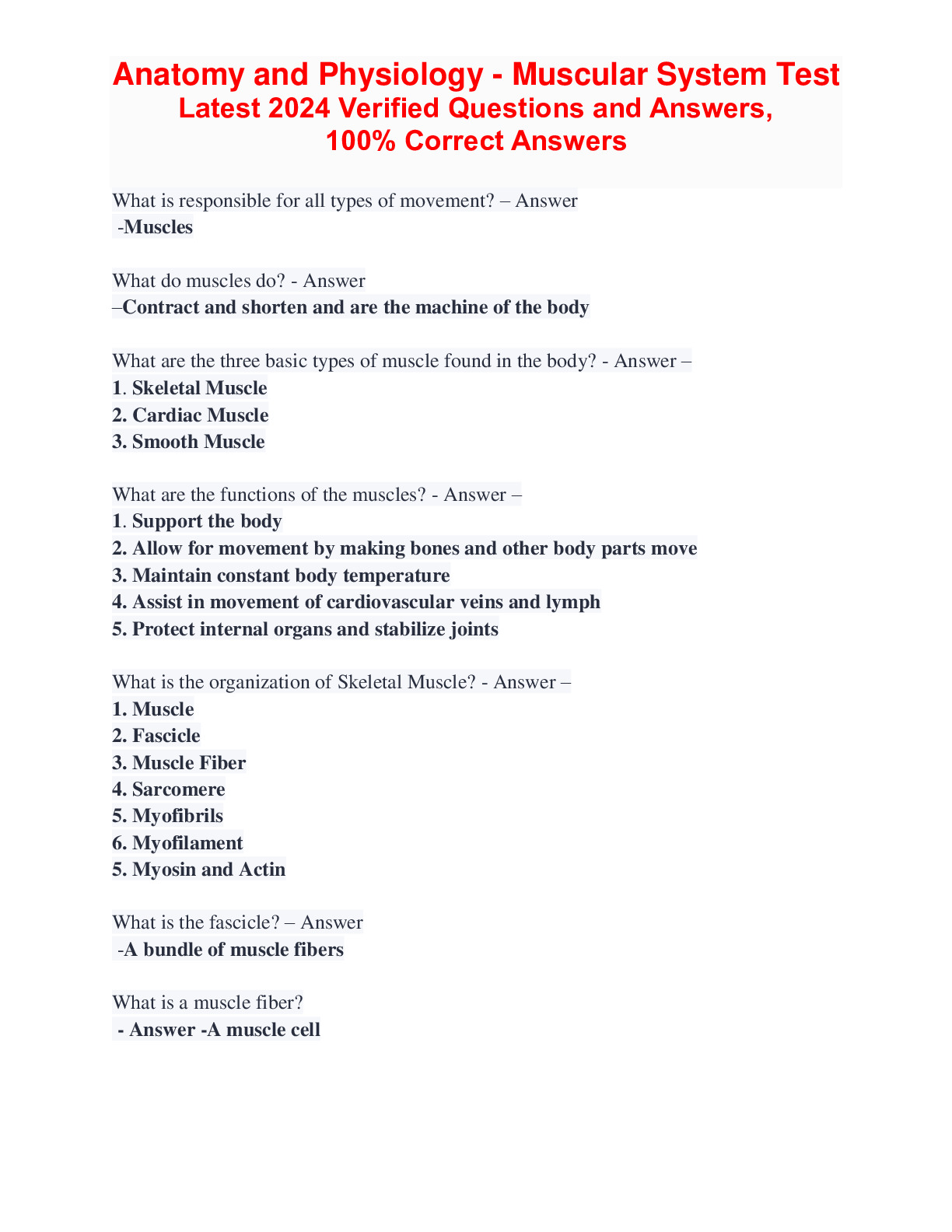 Anatomy and Physiology - Muscular System Test Latest 2024 Verified ...