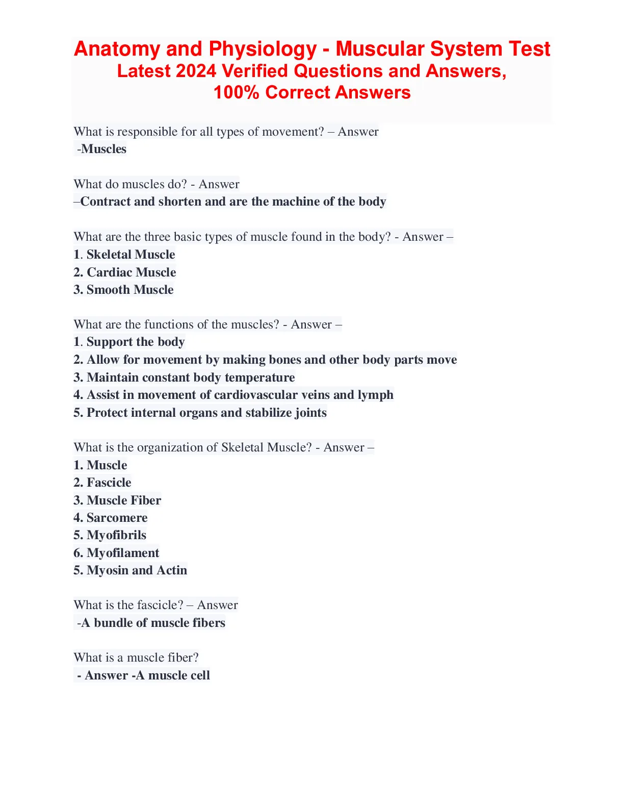 Anatomy and Physiology - Muscular System Test Latest 2024 Verified ...