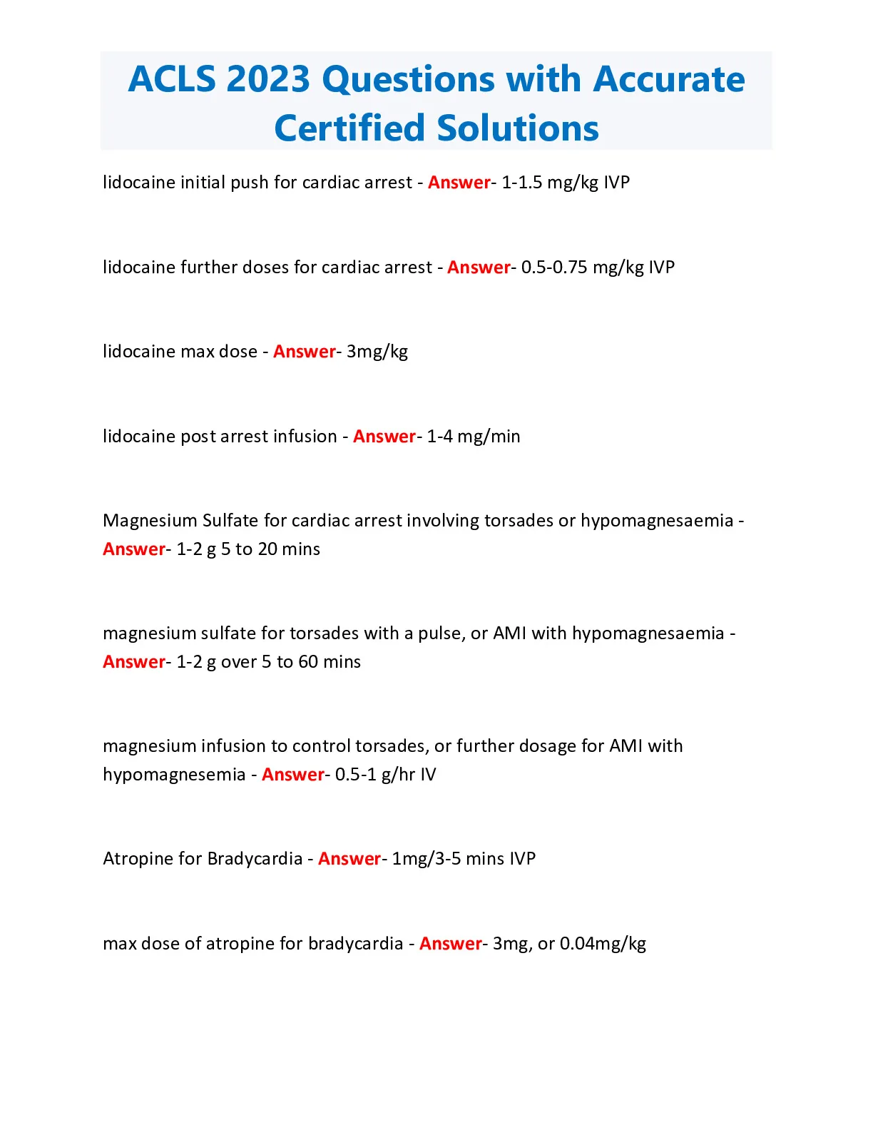 ACLS 2023 Questions with Accurate Certified Solutions - DocMerit