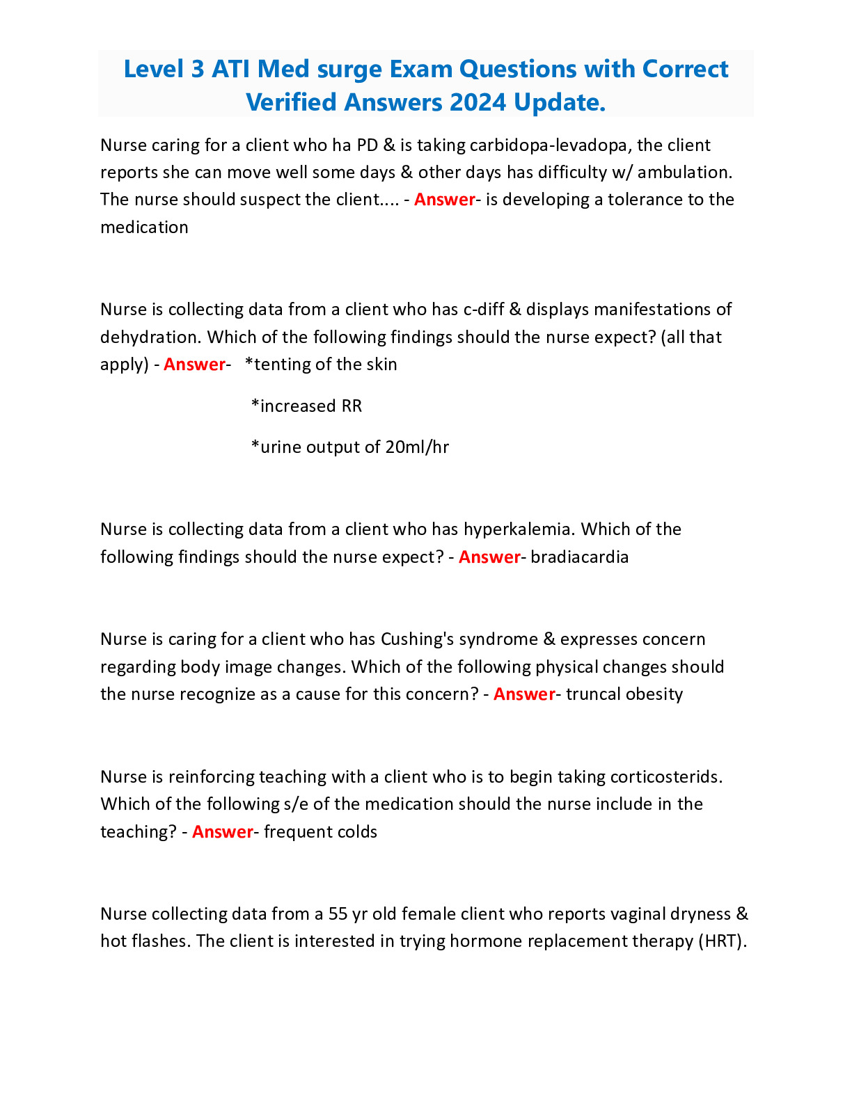 Level 3 ATI Med surge Exam Questions with Correct Verified Answers 2024 ...