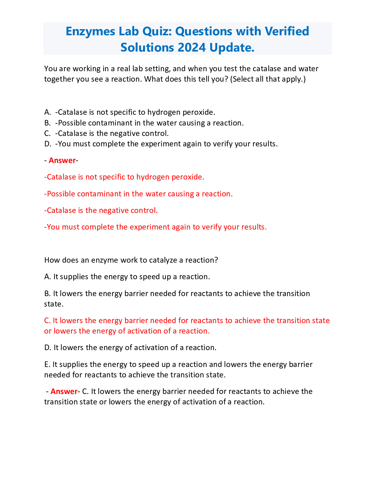Enzymes Lab Quiz: Questions with Verified Solutions 2024 Update. - DocMerit