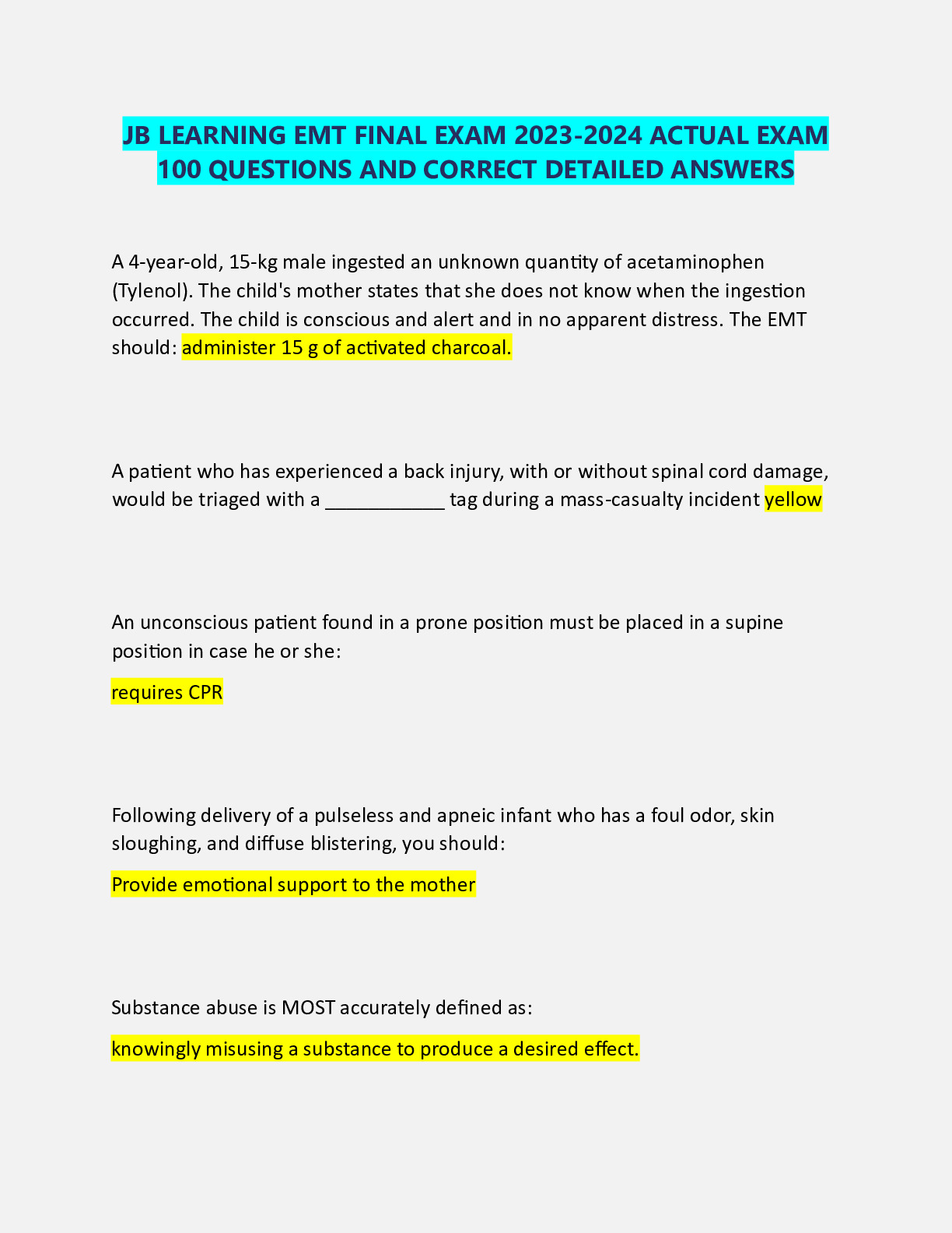 JB LEARNING EMT FINAL EXAM 2023-2024 ACTUAL EXAM 100 QUESTIONS AND CORRECT DETAILED ANSWERS A 4 ...