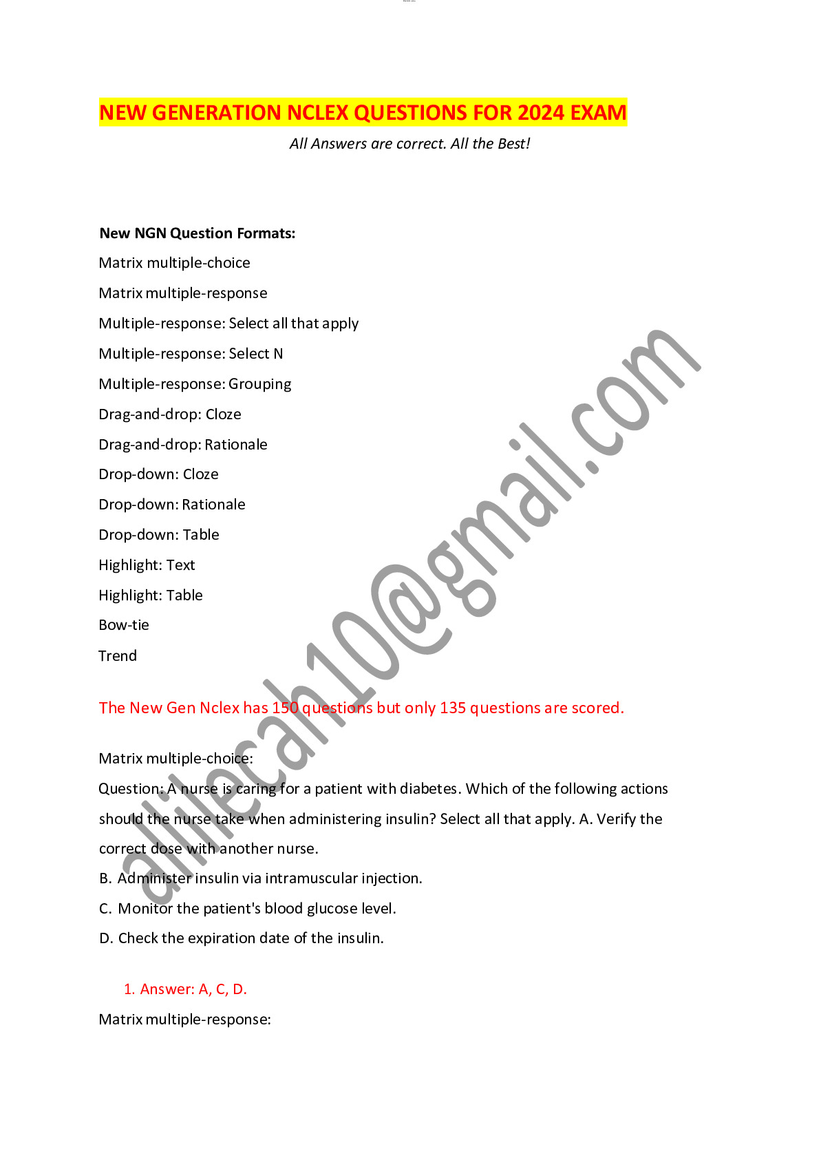 NEW GENERATION NCLEX QUESTIONS FOR 2024 EXAM GRADED + - DocMerit