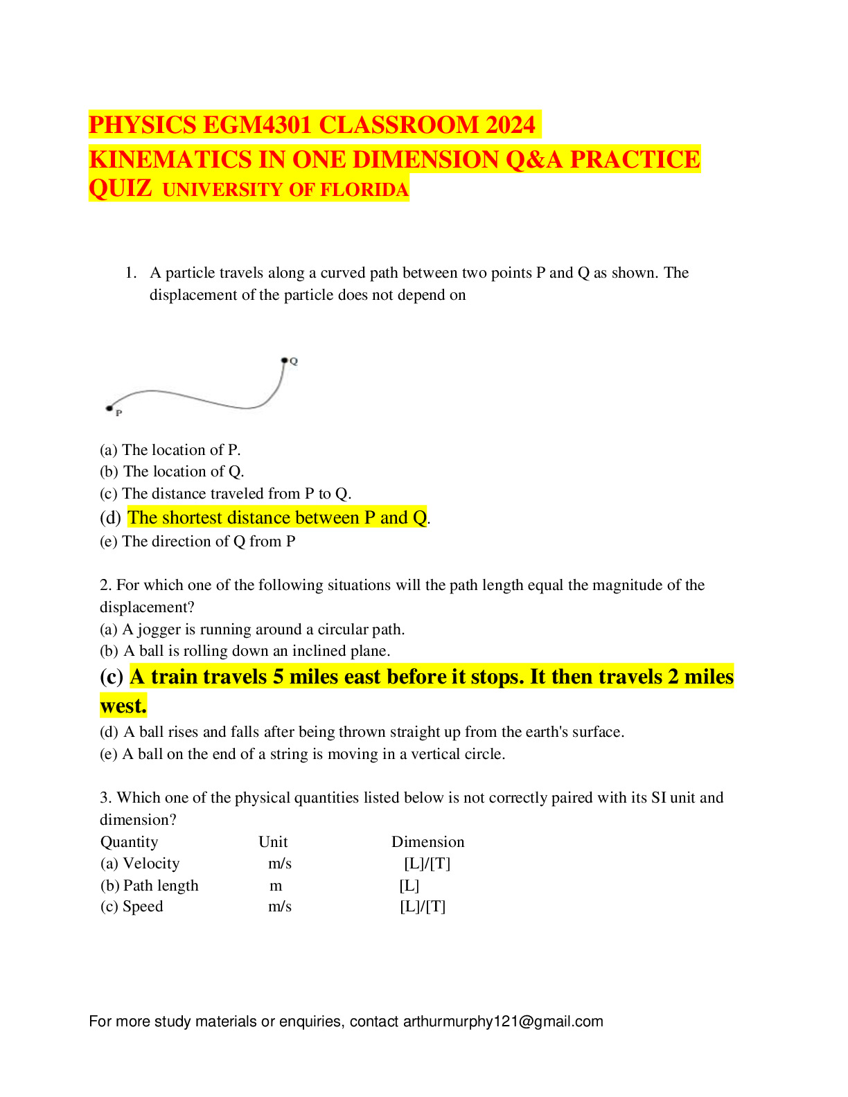 PHYSICS EGM4301 CLASSROOM 2024 KINEMATICS IN ONE DIMENSION Q&A QUIZ ...
