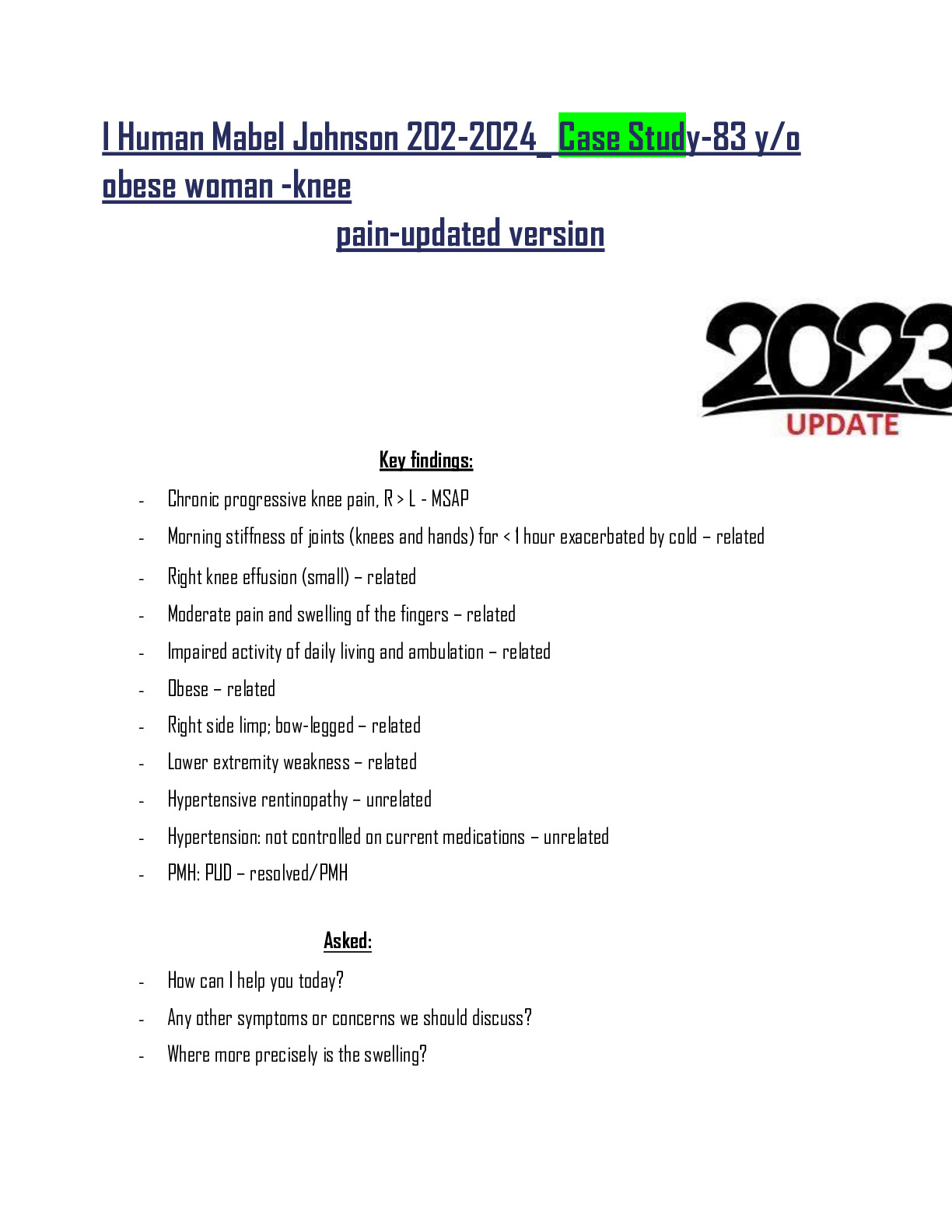 I Human Mabel Johnson 202-2024_ Case Study-83 y/o obese woman -knee ...