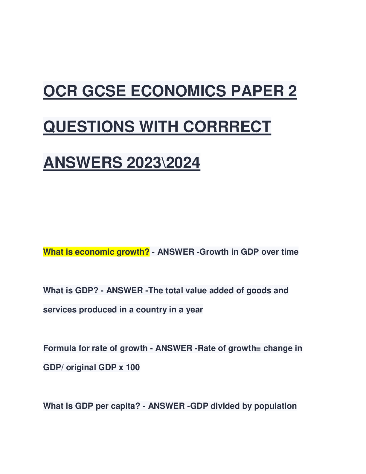 OCR GCSE ECONOMICS PAPER 2 QUESTIONS WITH CORRRECT ANSWERS 2023\2024 ...