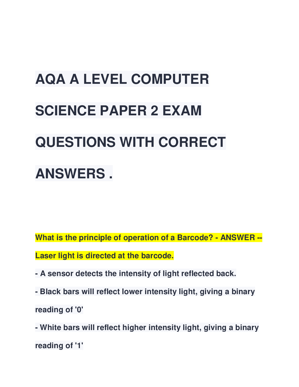 AQA A LEVEL COMPUTER SCIENCE PAPER 1 EXAM QUESTIONS WITH CORRECT ANSWERS 2023-2024 - DocMerit