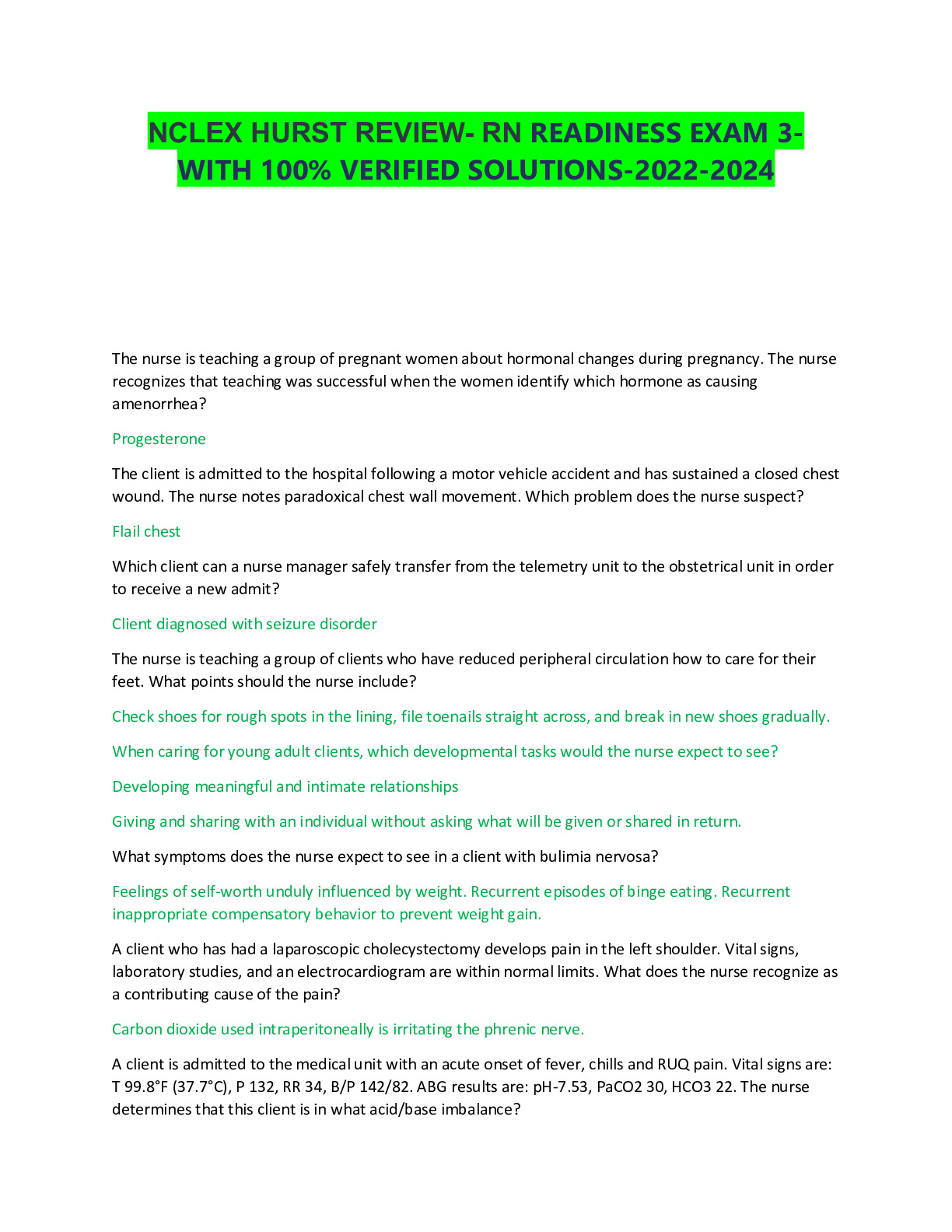 NCLEX HURST REVIEW- RN READINESS EXAM 3 - DocMerit