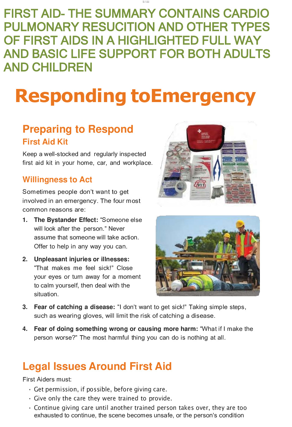 FIRST AID- THE SUMMARY CONTAINS CARDIO PULMONARY RESUCITION AND OTHER ...