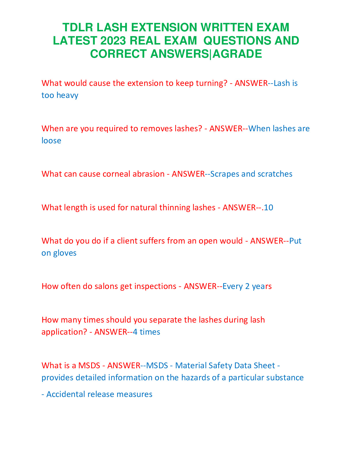 TDLR LASH EXTENSION 2024/2024 LATEST EXAM REAL EXAM QUESTIONS AND ... TDLR LASH EXTENSION 2024/2024 LATEST EXAM REAL EXAM QUESTIONS AND ...