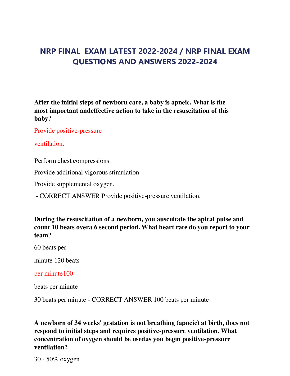 NRP FINAL EXAM LATEST 2022-2024 / NRP FINAL EXAM QUESTIONS AND ANSWERS ... NRP FINAL EXAM LATEST 2022-2024 / NRP FINAL EXAM QUESTIONS AND ANSWERS ...