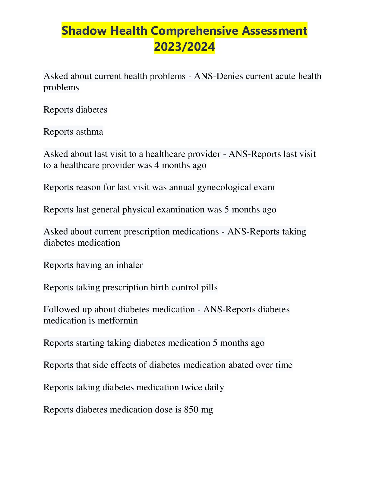 Shadow Health Comprehensive Assessment 2023/2024 - DocMerit