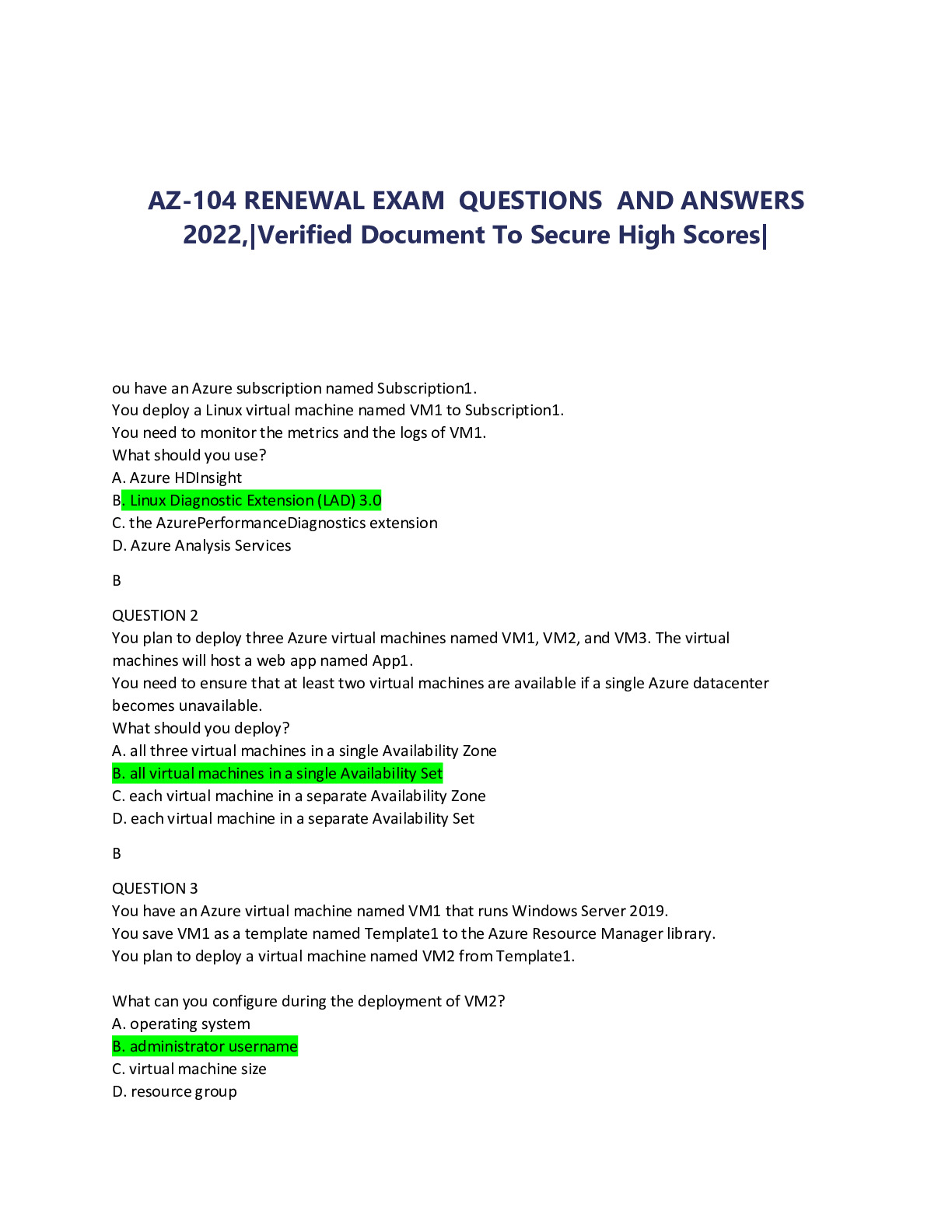 AZ-104 RENEWAL EXAM QUESTIONS AND ANSWERS 2022,|Verified Document To ...