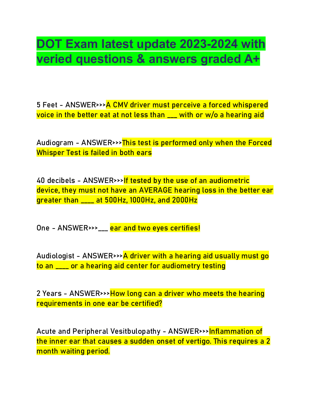 DOT Exam latest update 2023-2024 with veried questions & answers graded ...
