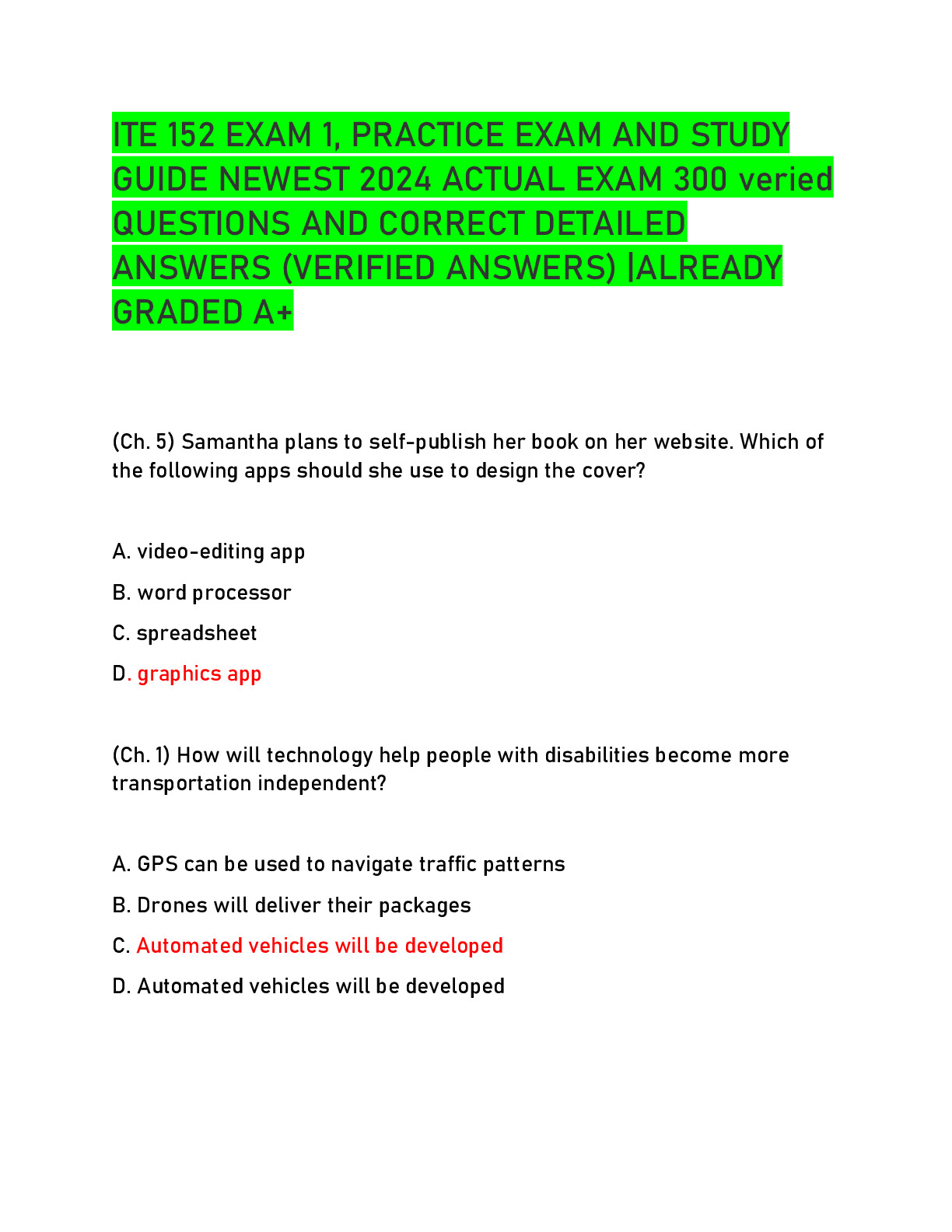 ITE 152 EXAM 1, PRACTICE EXAM AND STUDY GUIDE NEWEST 2023 ACTUAL EXAM ... ITE 152 EXAM 1, PRACTICE EXAM AND STUDY GUIDE NEWEST 2023 ACTUAL EXAM ...