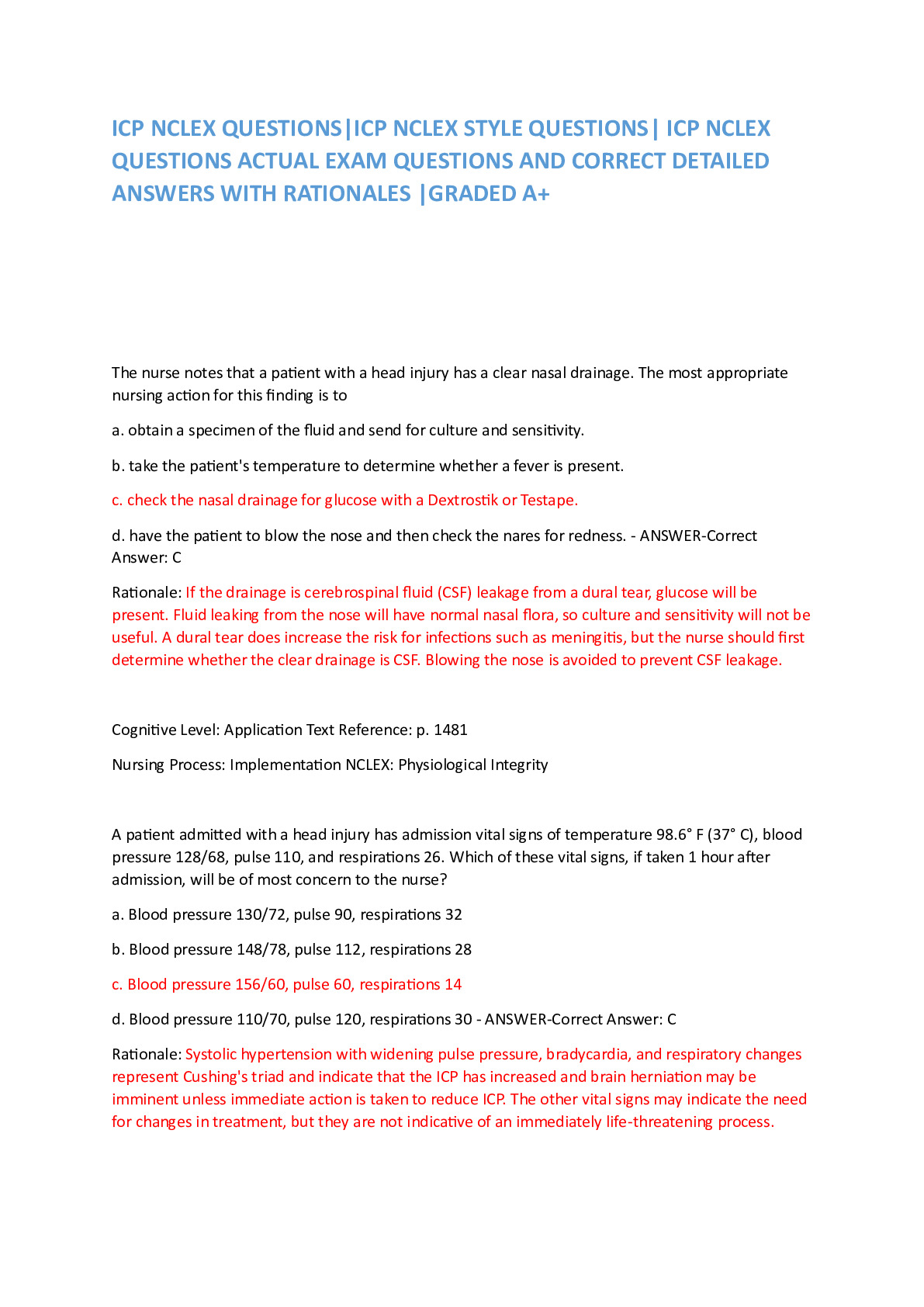 ICP NCLEX QUESTIONS|ICP NCLEX STYLE QUESTIONS| ICP NCLEX QUESTIONS ...