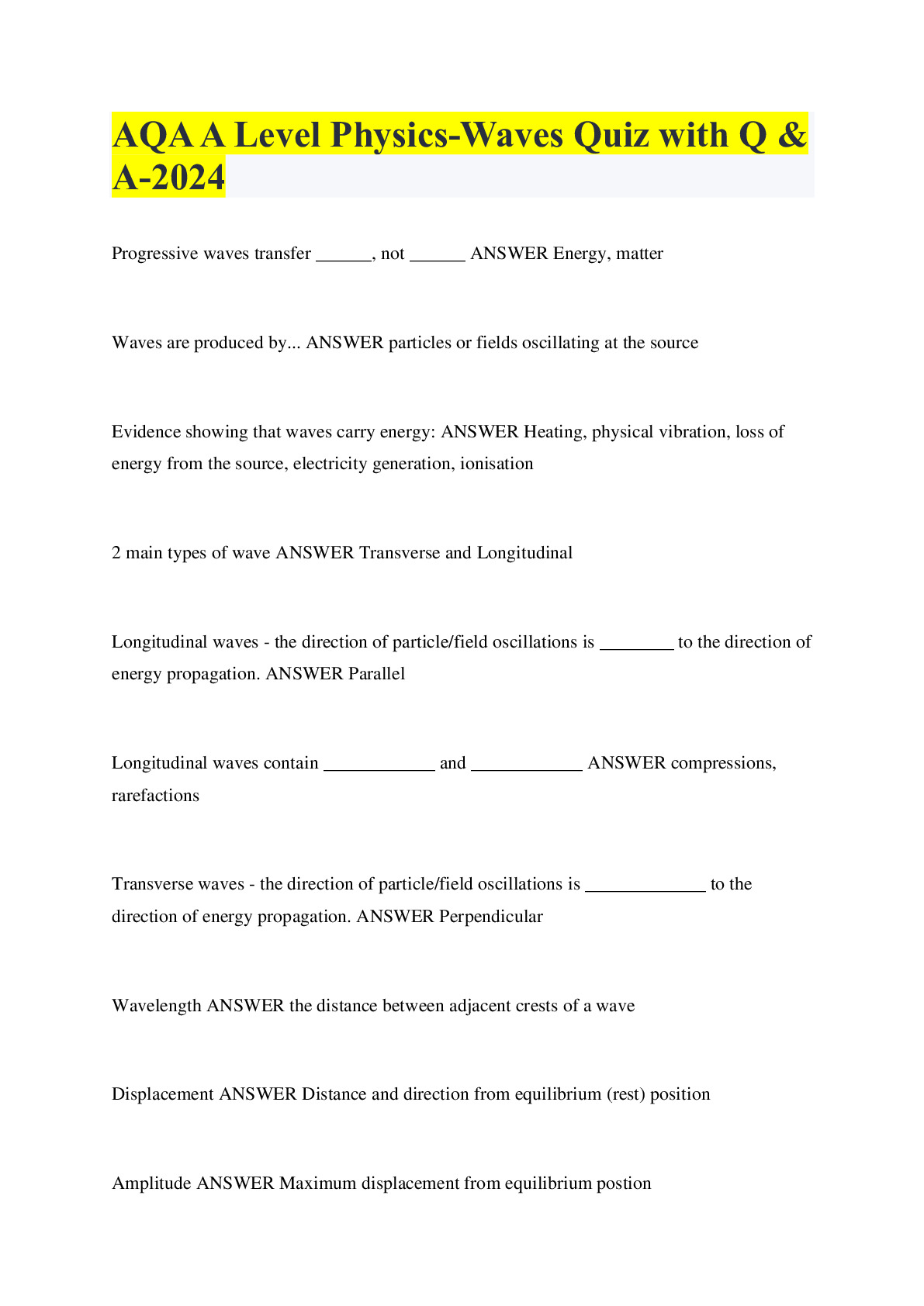 AQA A Level Physics-Waves Quiz with Q & A-2024 - DocMerit