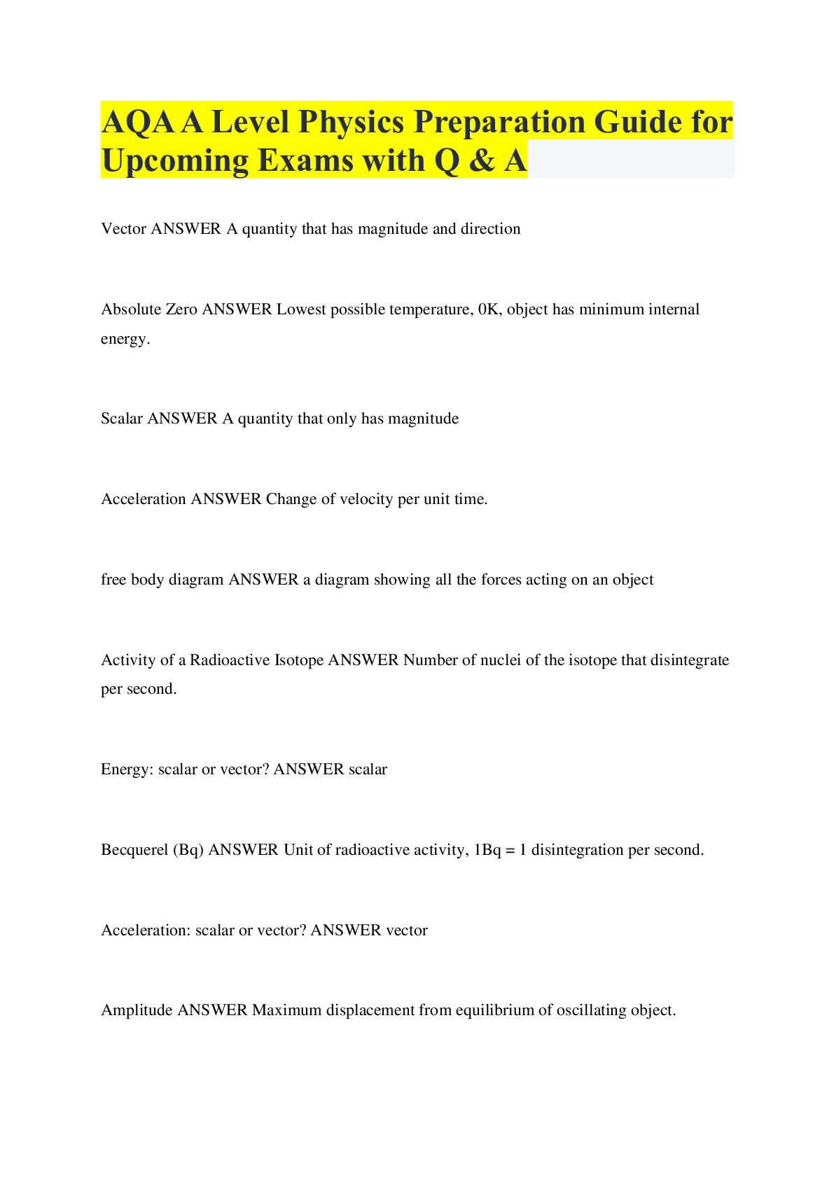 AQA A-Level Physics Preparation Guide for Upcoming Exams with Q & A ...