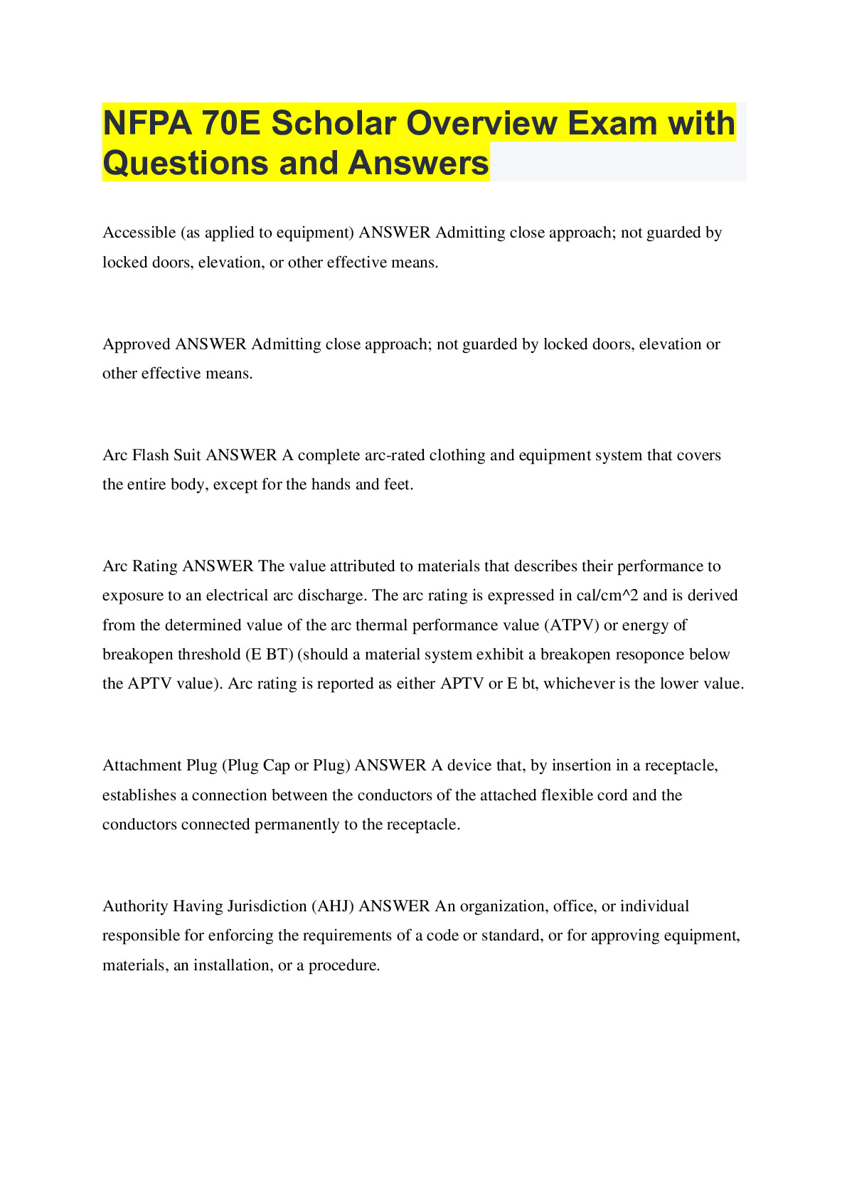 NFPA 70E Scholar Overview Exam with Questions and Answers - DocMerit