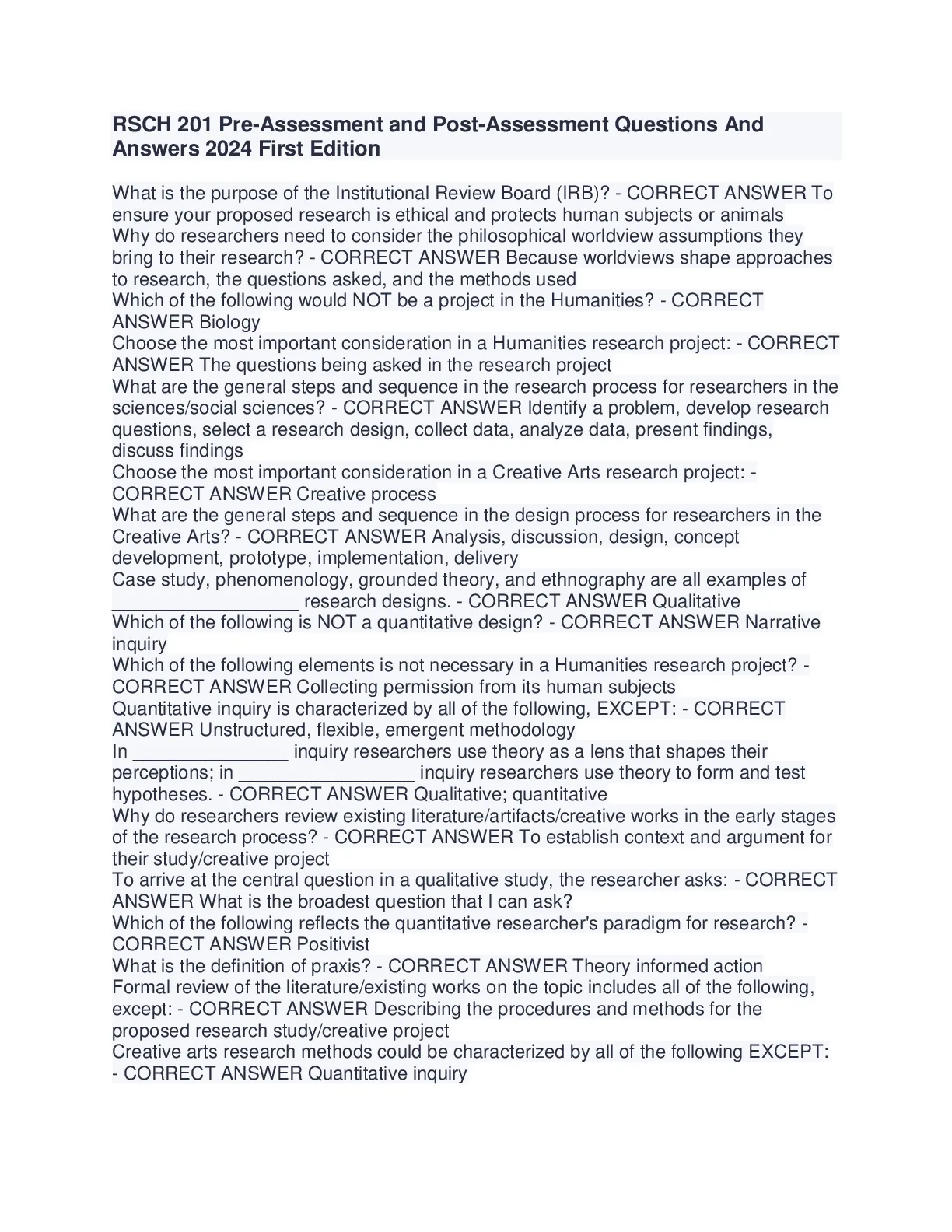 RSCH 201 Pre-Assessment and Post-Assessment Questions With Answers 2024 ...