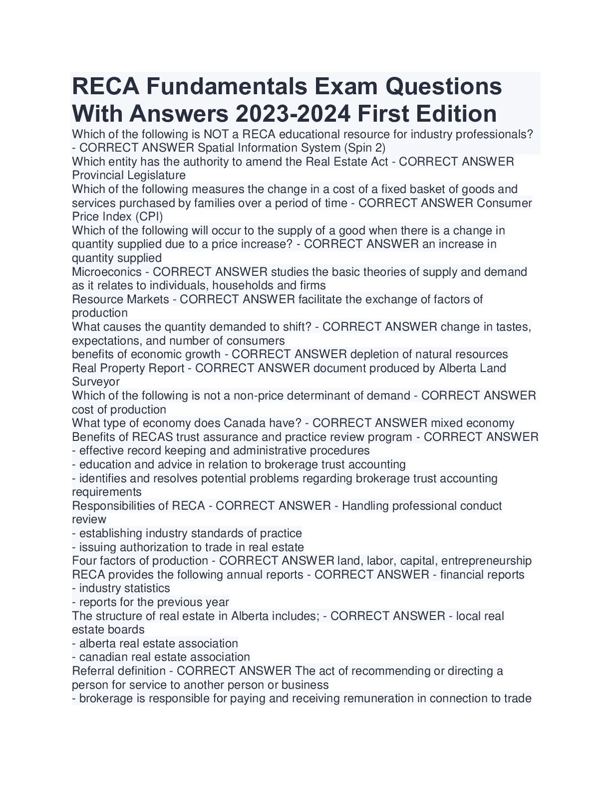 RECA Fundamentals Exam Questions With Answers 2023-2024 First Edition ...