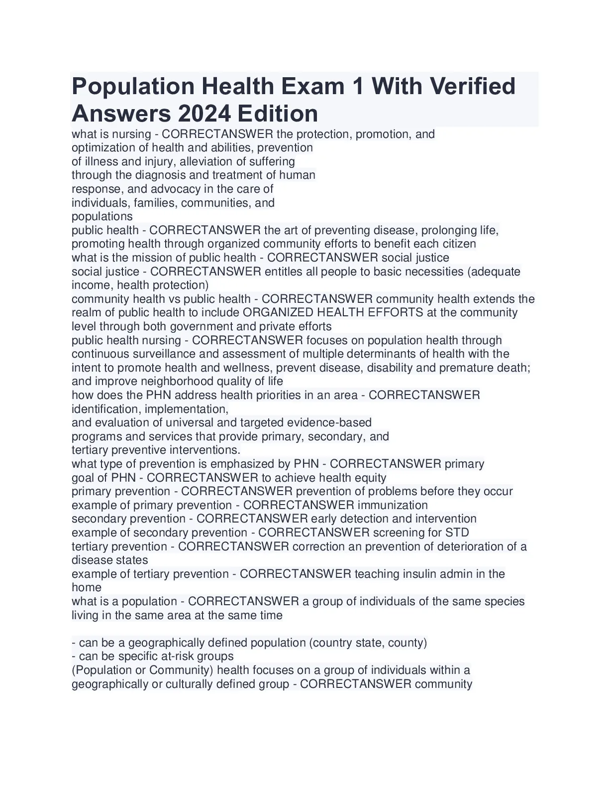 Population Health Exam 1 With Verified Answers 2024 Edition - DocMerit