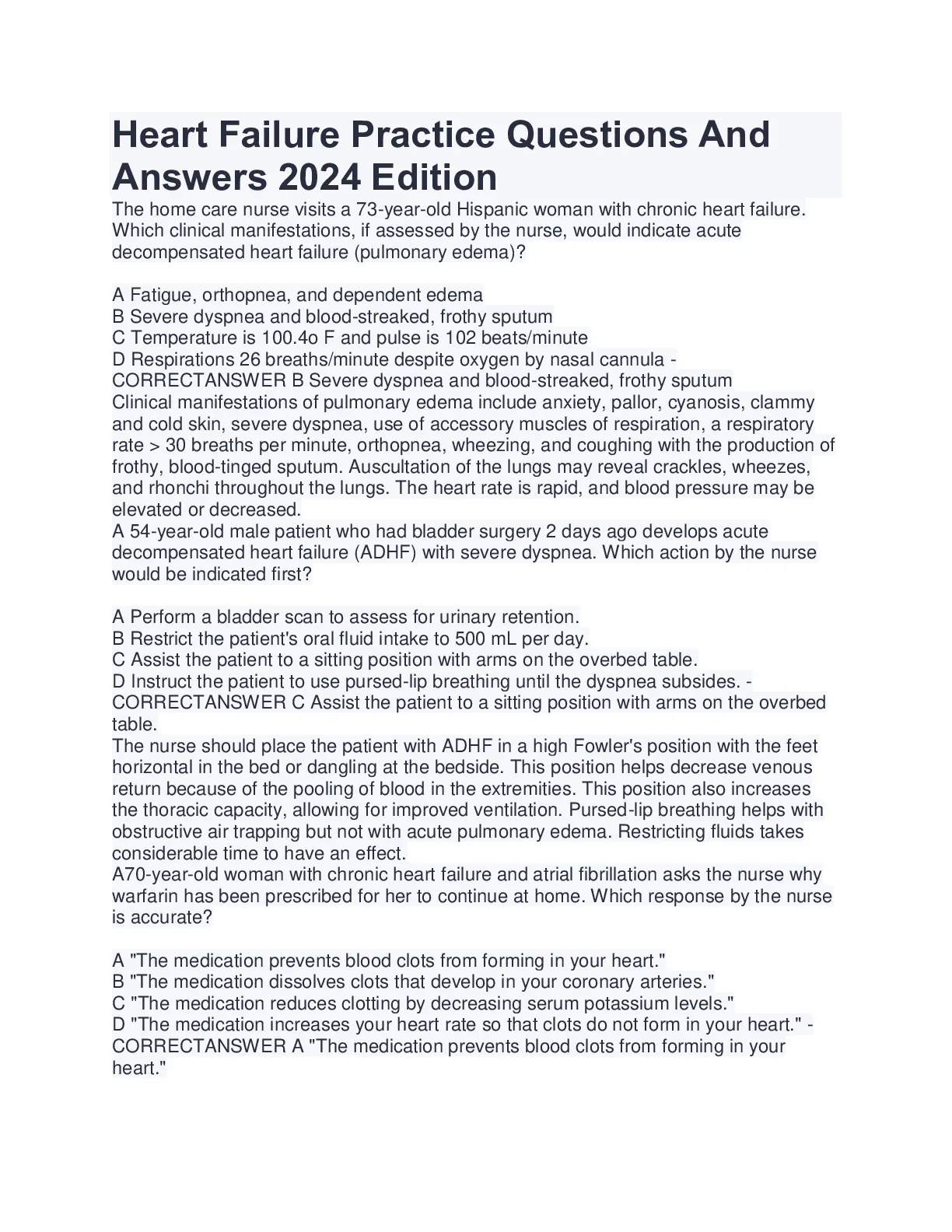 Heart Failure Practice Questions And Answers 2024 Edition - DocMerit