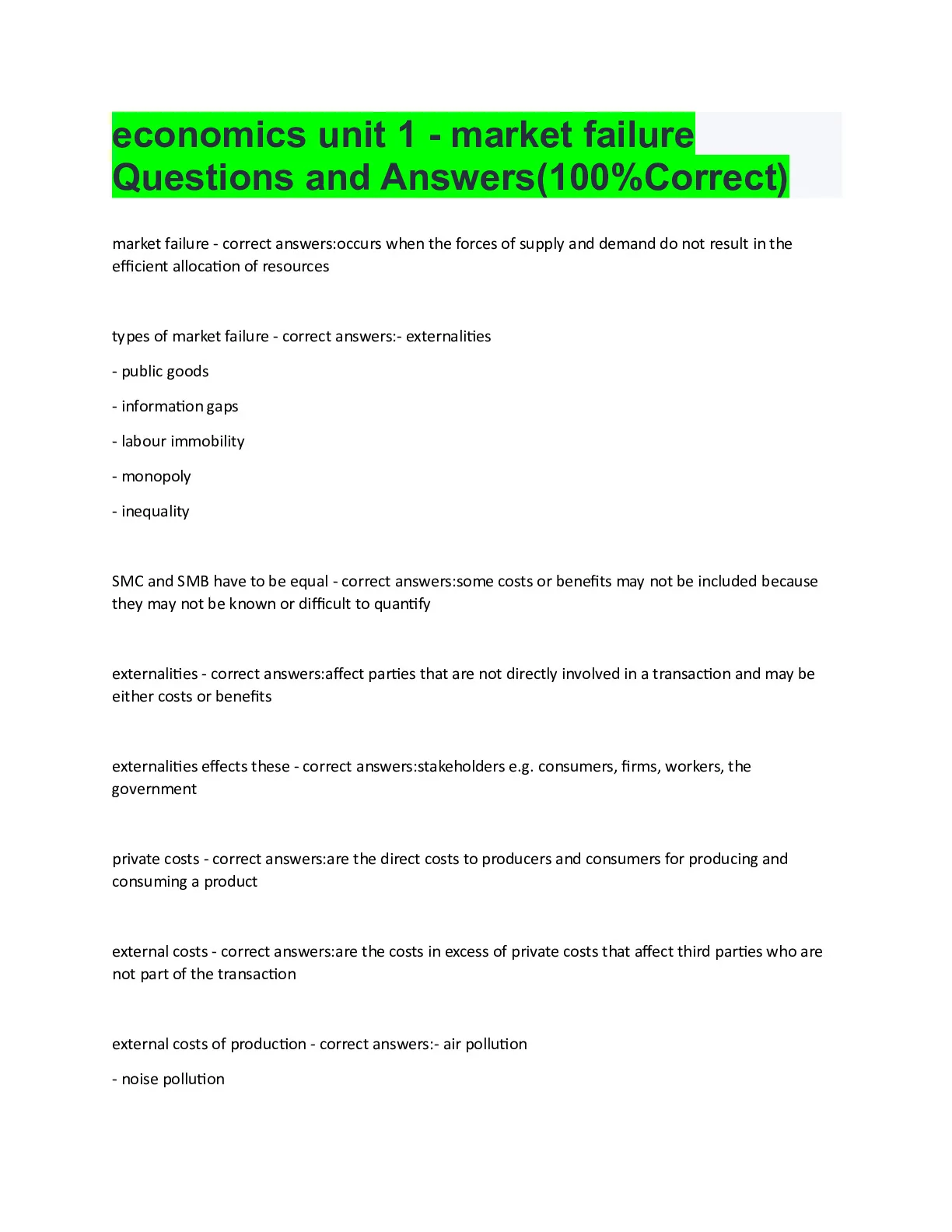 economics unit 1 - market failure Questions and Answers(100-Correct ...