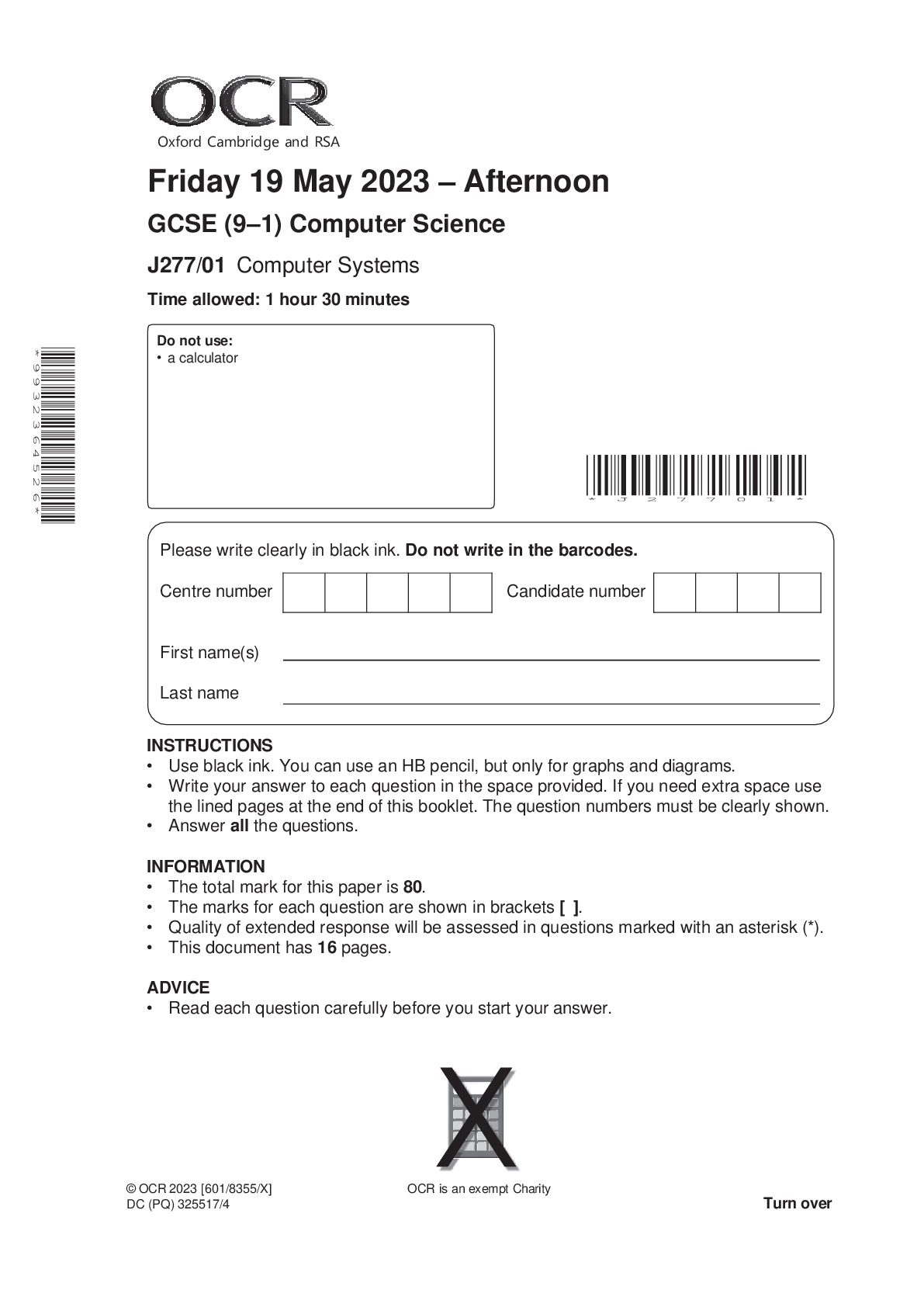 OCR Friday 19 May 2023 – Afternoon GCSE (9–1) Computer Science J277/01 ... OCR Friday 19 May 2023 – Afternoon GCSE (9–1) Computer Science J277/01 ...