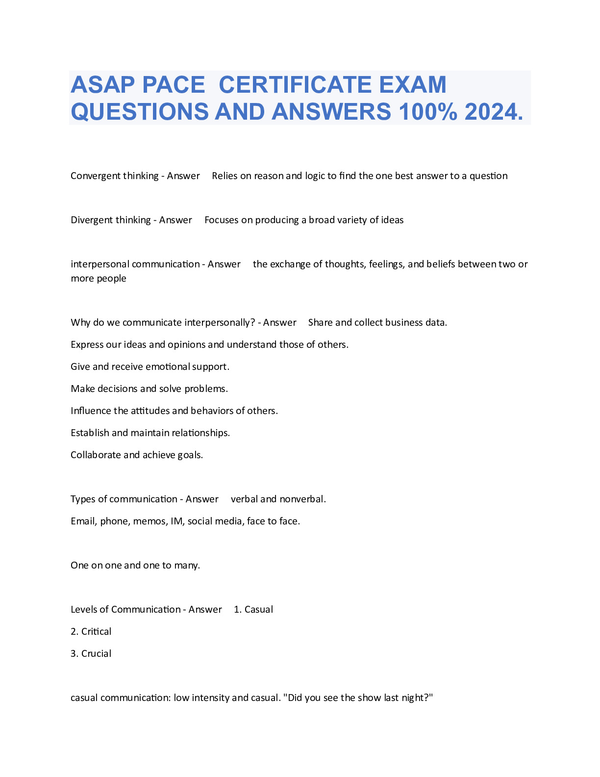 ASAP PACE CERTIFICATION EXAM 2024 -2025 ACTUAL EXAM COMPLETE 300 ...