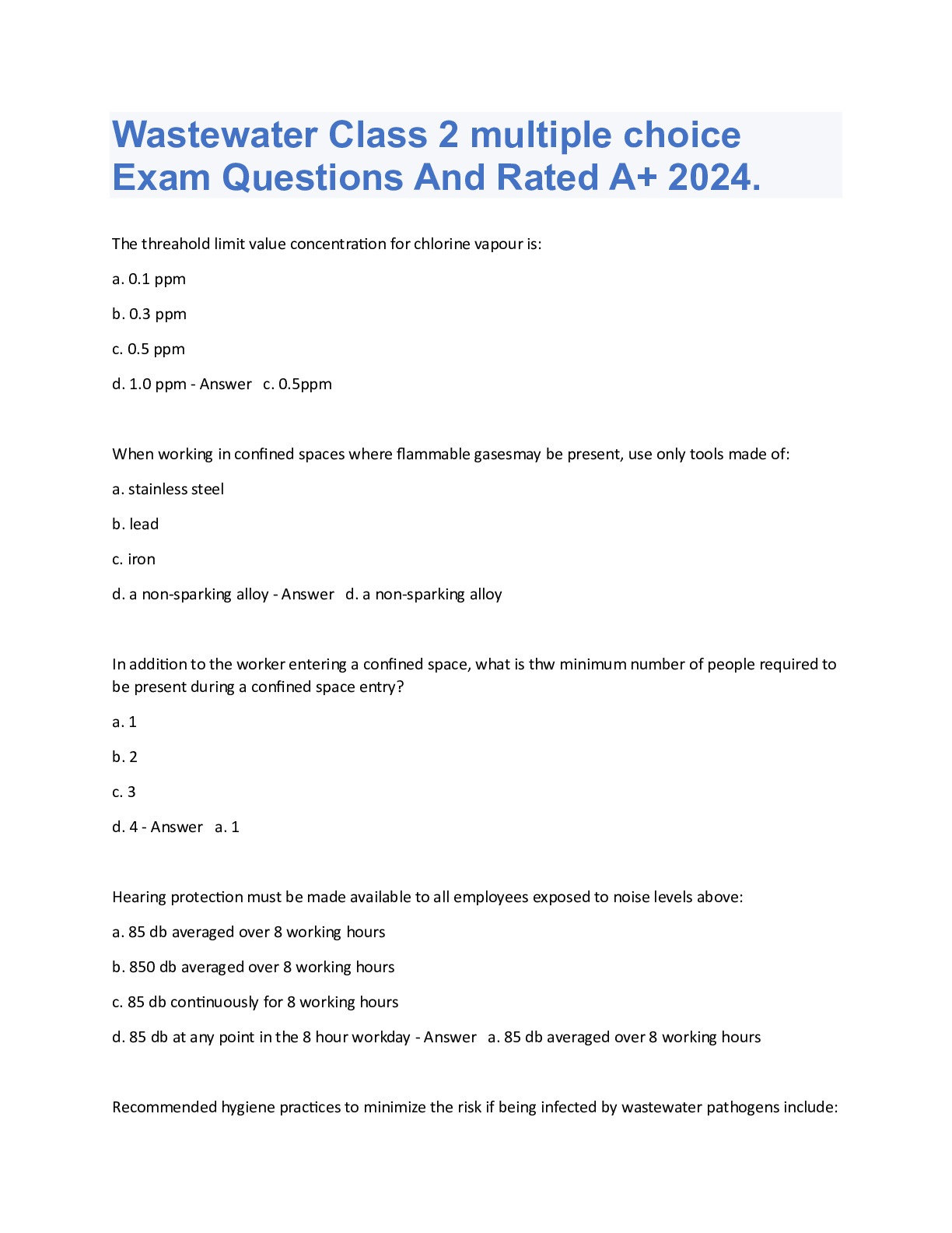 Wastewater Class 2 multiple choice Exam Questions And Rated A+ 2024 ...
