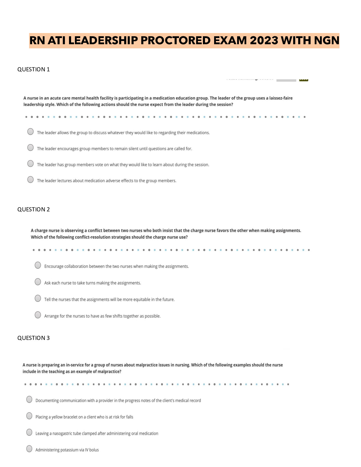 ATI RN LEADERSHIP & ADULT MED SURG PROCTORED EXAM WITH NGN 2023 BUNDLE ...