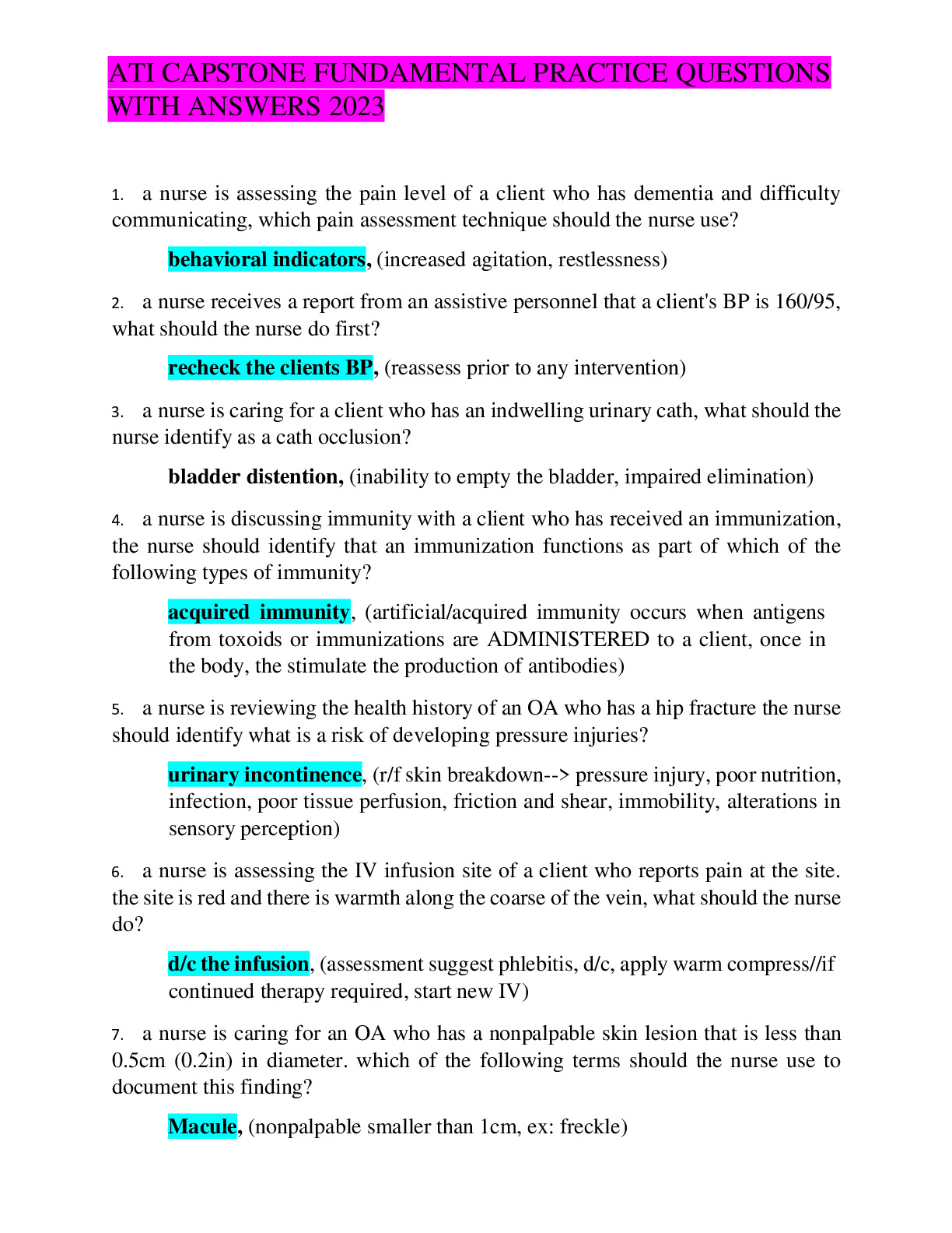 ATI CAPSTONE FUNDAMENTAL PRACTICE QUESTIONS WITH ANSWERS 2023 - DocMerit
