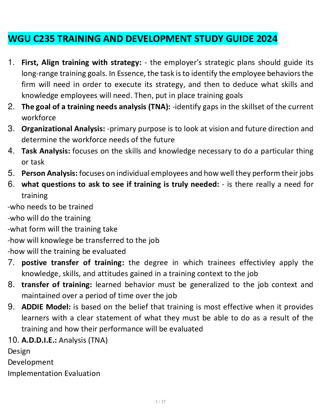 WGU C235 TRAINING AND DEVELOPMENT STUDY GUIDE 2024 - DocMerit