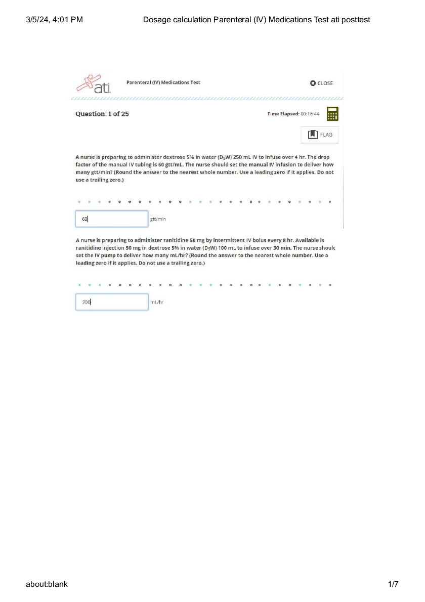 Dosage calculation Parenteral (IV) Medications Test ati posttest - DocMerit