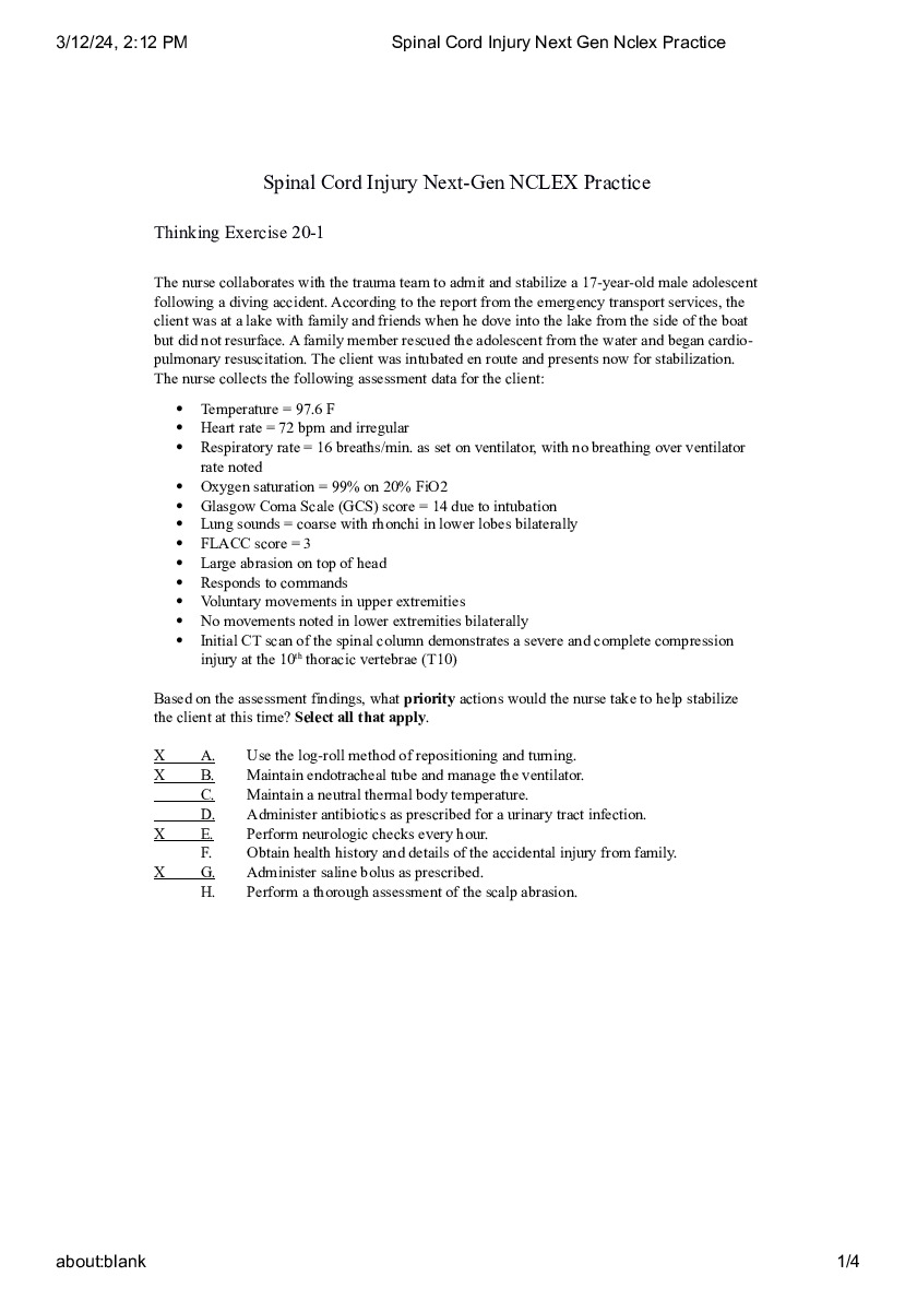 Spinal Cord Injury Next Gen Nclex notes - DocMerit