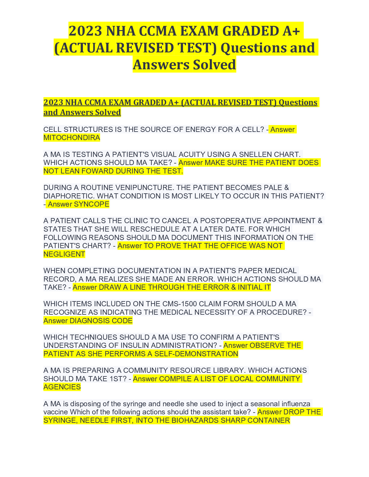 2023_nha_ccma_exam_graded_a___actual_revised_test__questions_and ...