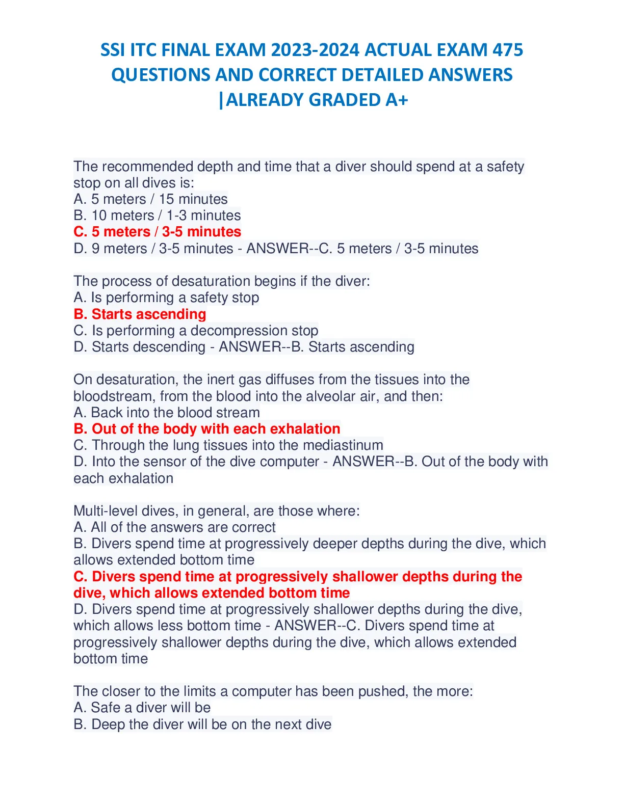 SSI ITC FINAL EXAM 2023-2024 ACTUAL EXAM 475 QUESTIONS AND CORRECT ...