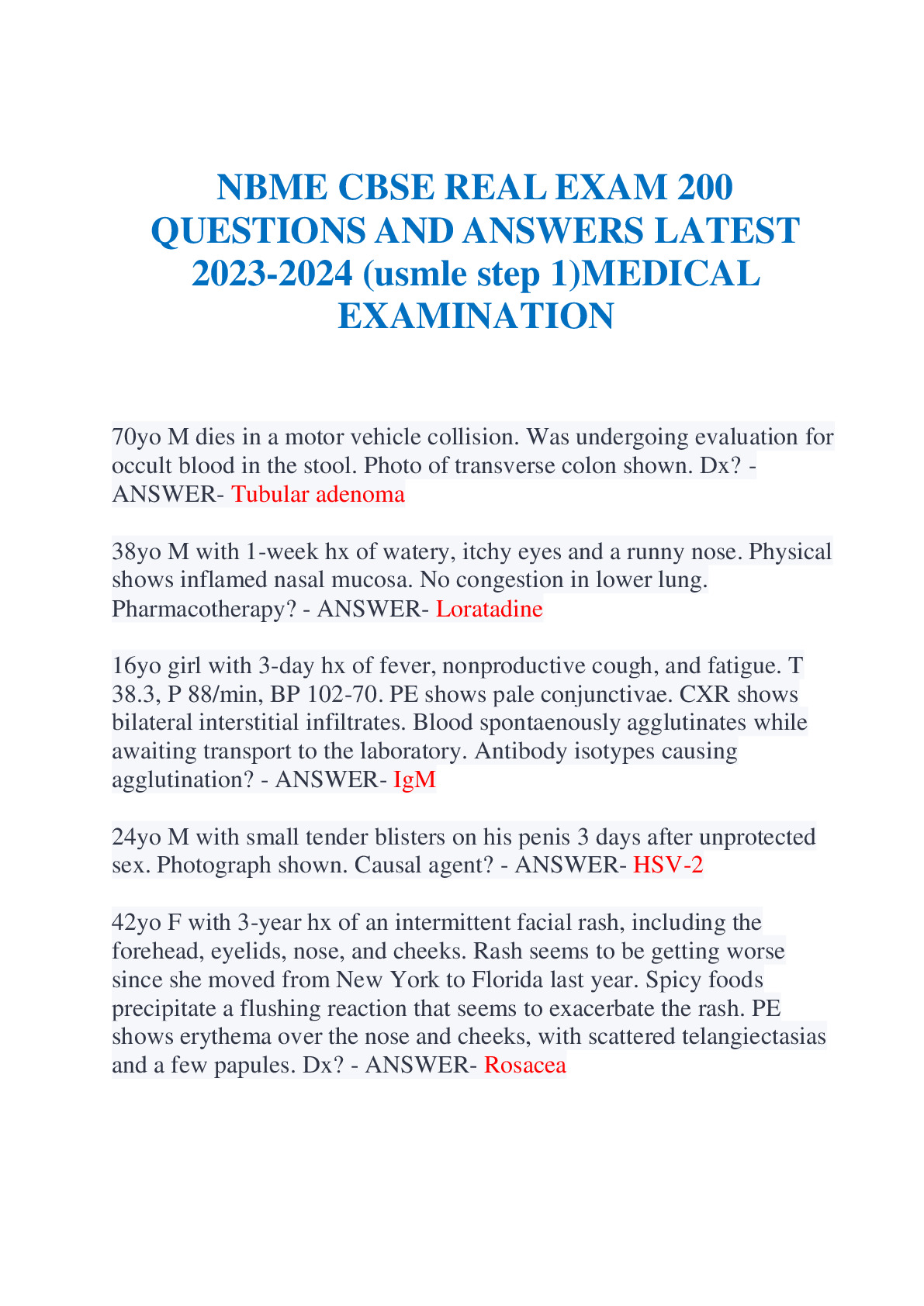 NBME CBSE REAL EXAM 200 QUESTIONS AND ANSWERS LATEST 2023-2024 (usmle ...