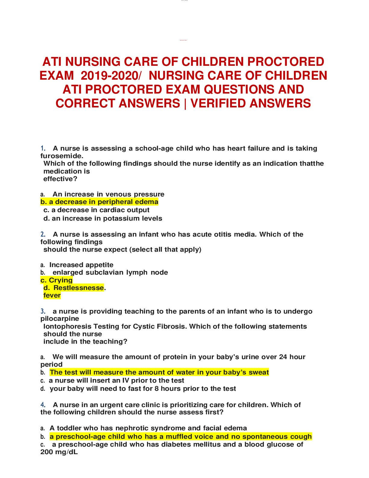 ATI NURSING CARE OF CHILDREN PROCTORED EXAM 2019-2020/ NURSING CARE OF ...