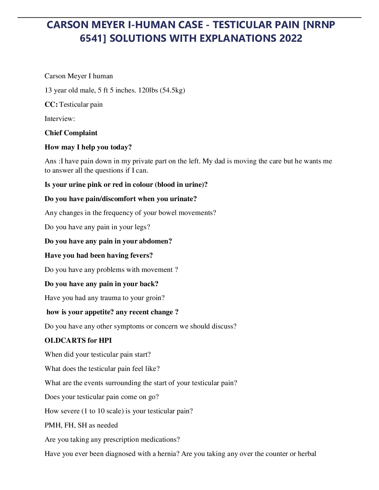 CARSON MEYER I-HUMAN CASE - TESTICULAR PAIN [NRNP 6541] SOLUTIONS WITH ...