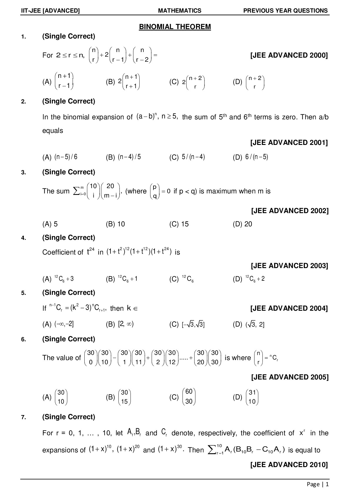 Practice sheet for binomial theorem - DocMerit