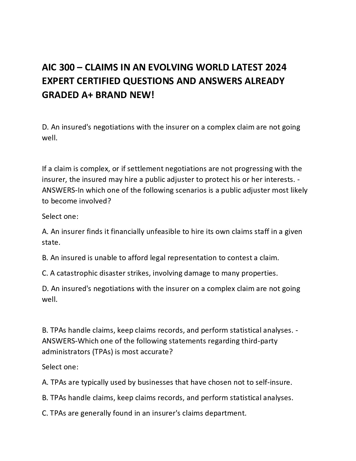 AIC 300 – CLAIMS IN AN EVOLVING WORLD LATEST 2024 EXPERT CERTIFIED ...
