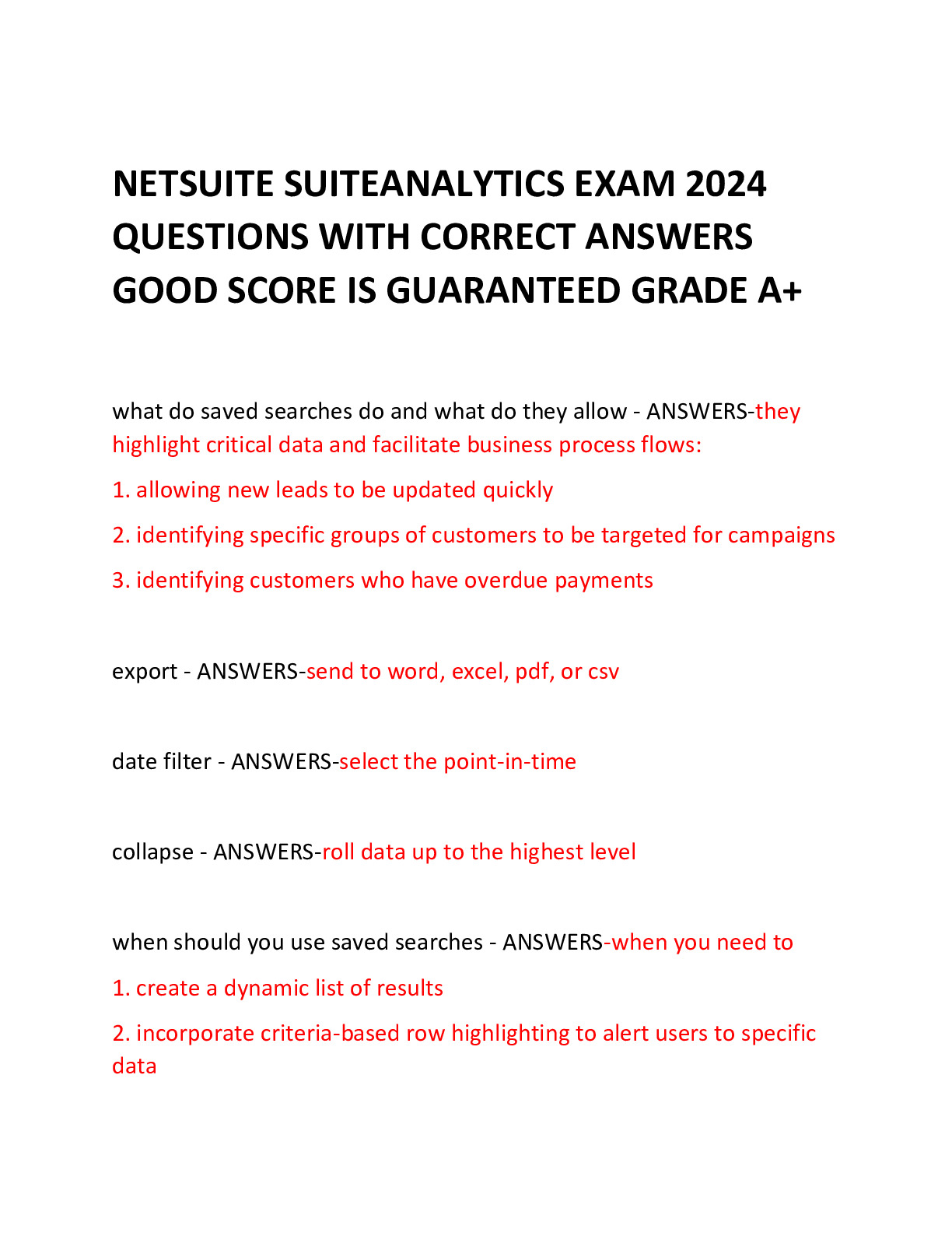 NETSUITE SUITEANALYTICS EXAM 2024 QUESTIONS WITH CORRECT ANSWERS GOOD ...