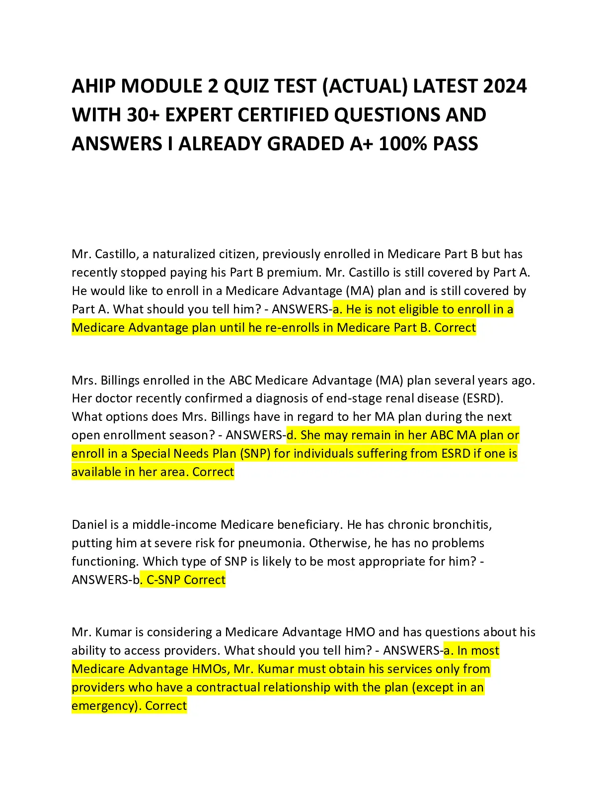 AHIP MODULE 2 QUIZ TEST (ACTUAL) LATEST 2024 WITH 30+ EXPERT CERTIFIED ...