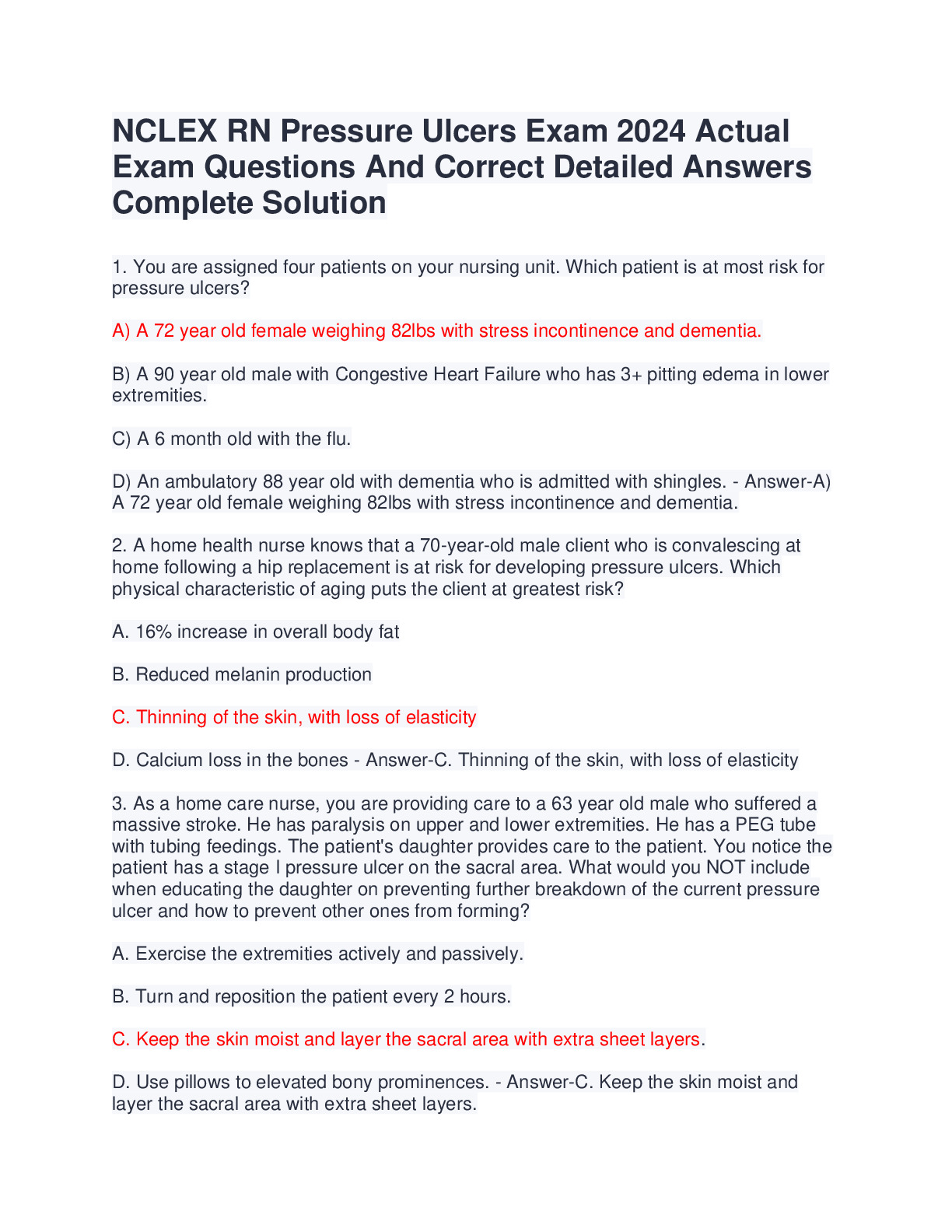 NCLEX RN Pressure Ulcers Exam 2024 Actual Exam Questions And Correct ...