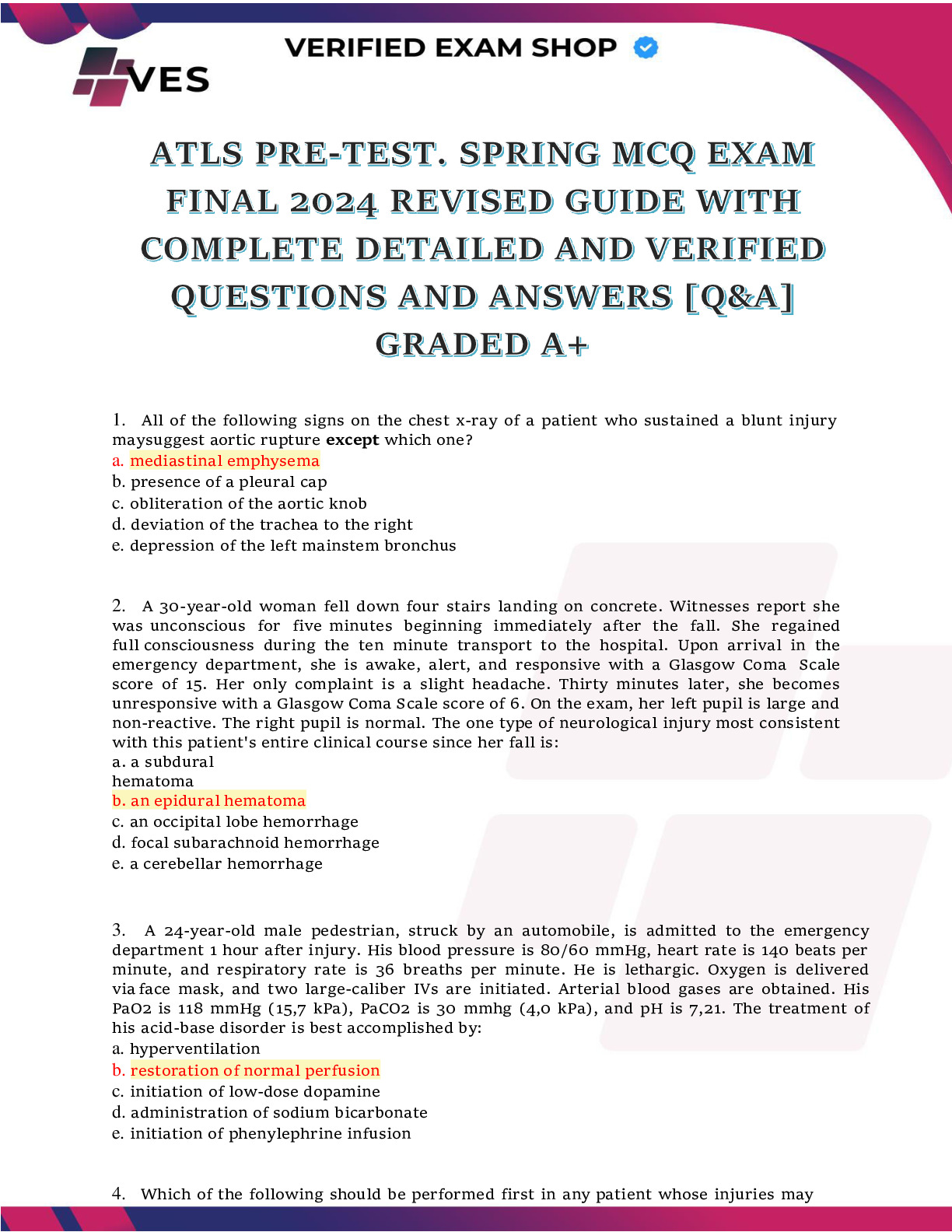 ATLS PRE-TEST SPRING MCQ EXAM FINAL 2024 REVISED GUIDE WITH COMPLETE ...