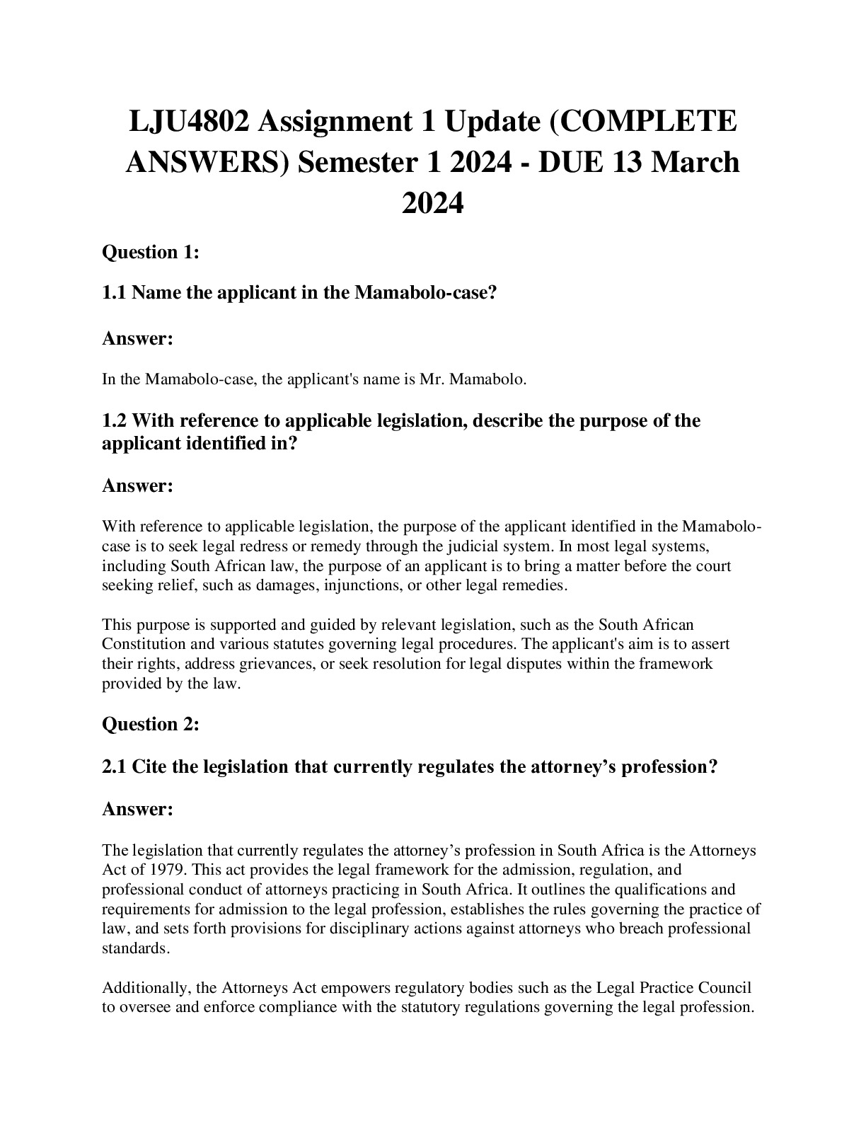 LJU4802 Assignment 1 Update (COMPLETE ANSWERS) Semester 1 2024 - DUE 13 ... LJU4802 Assignment 1 Update (COMPLETE ANSWERS) Semester 1 2024 - DUE 13 ...