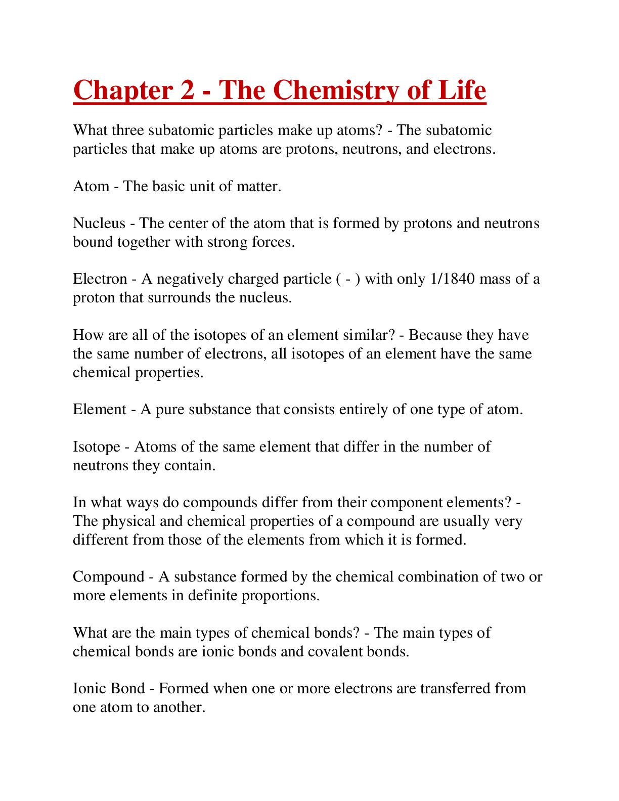 CH 2 Chemistry of Life (Anatomy) - DocMerit