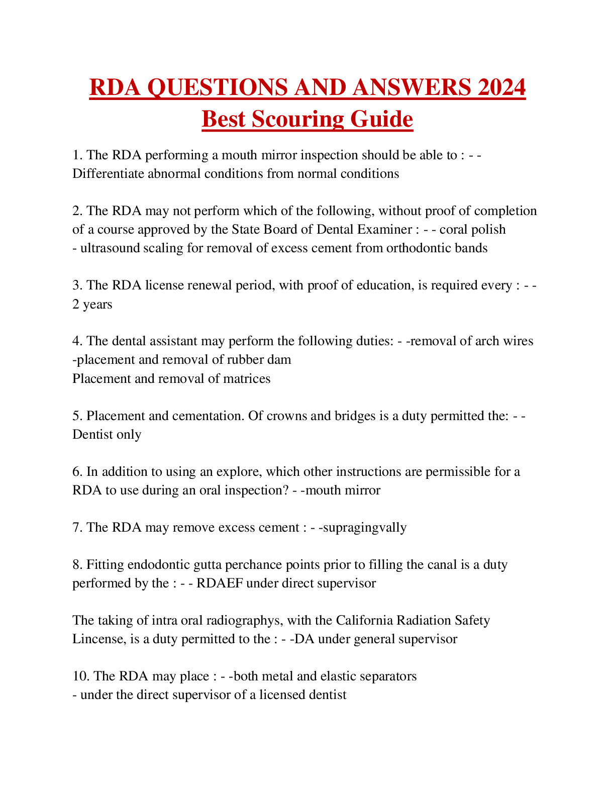 RDA QUESTIONS AND ANSWERS 2024 Best Scouring Guide - DocMerit
